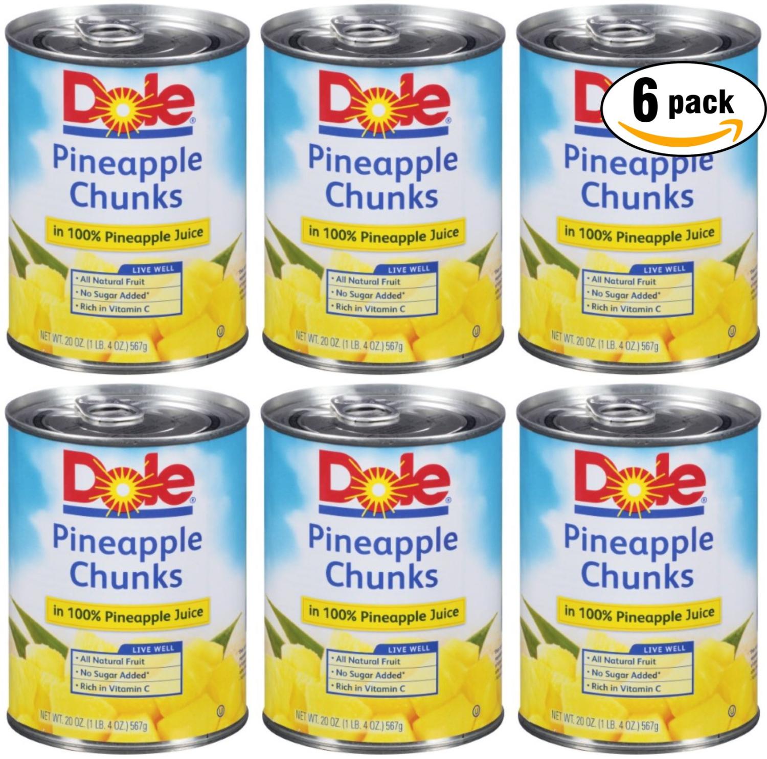 Dole Pineapple Chunks in 100% Juice 20oz Can (Pack of 6) - 120oz Total ...