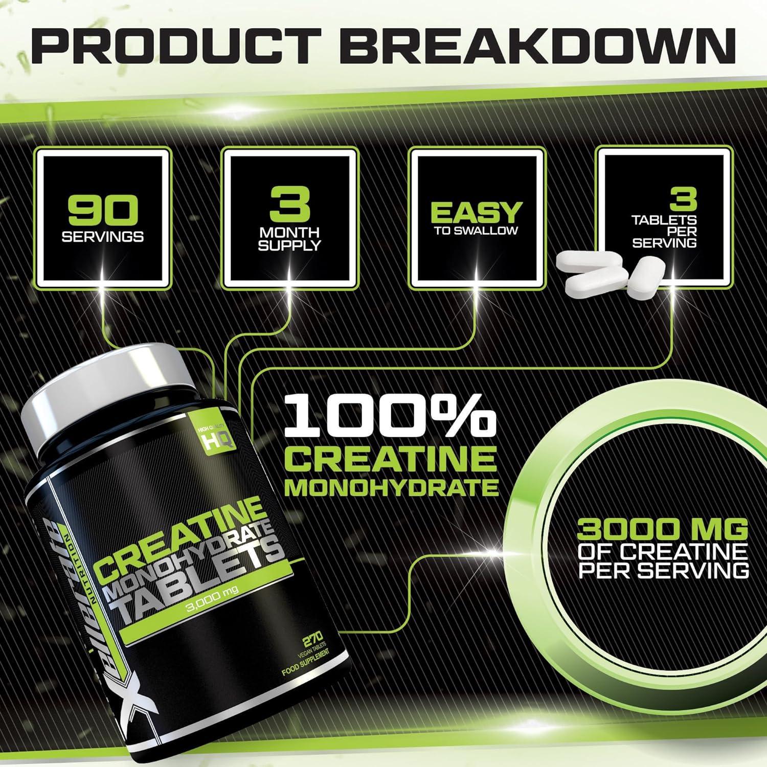 3000mg Creatine Monohydrate Tablets - 270 Vegan Capsules - 3 Month ...