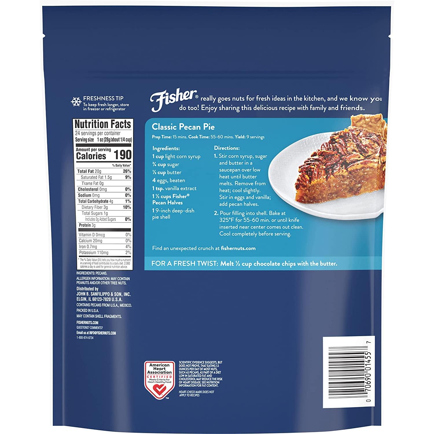 Fisher Pecan Halves 24oz - Unsalted, Non-GMO, Vegan, Paleo, Keto Nuts ...