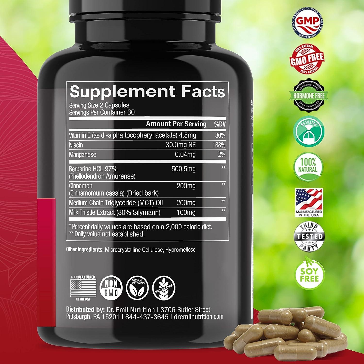 Dr. Emil Berberine 500mg Capsules with Cinnamon MTC Oil Silymarin 60 ...