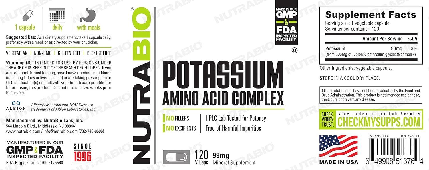 NutraBio Potassium Complex 99mg Supplement for Heart, Bones, Muscles & Digestion - 120 Capsules ...