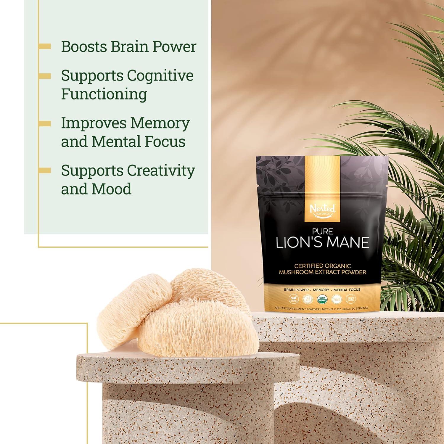 Nested Naturals Pure Lions Mane Mushroom Extract Powder - USDA Organic ...