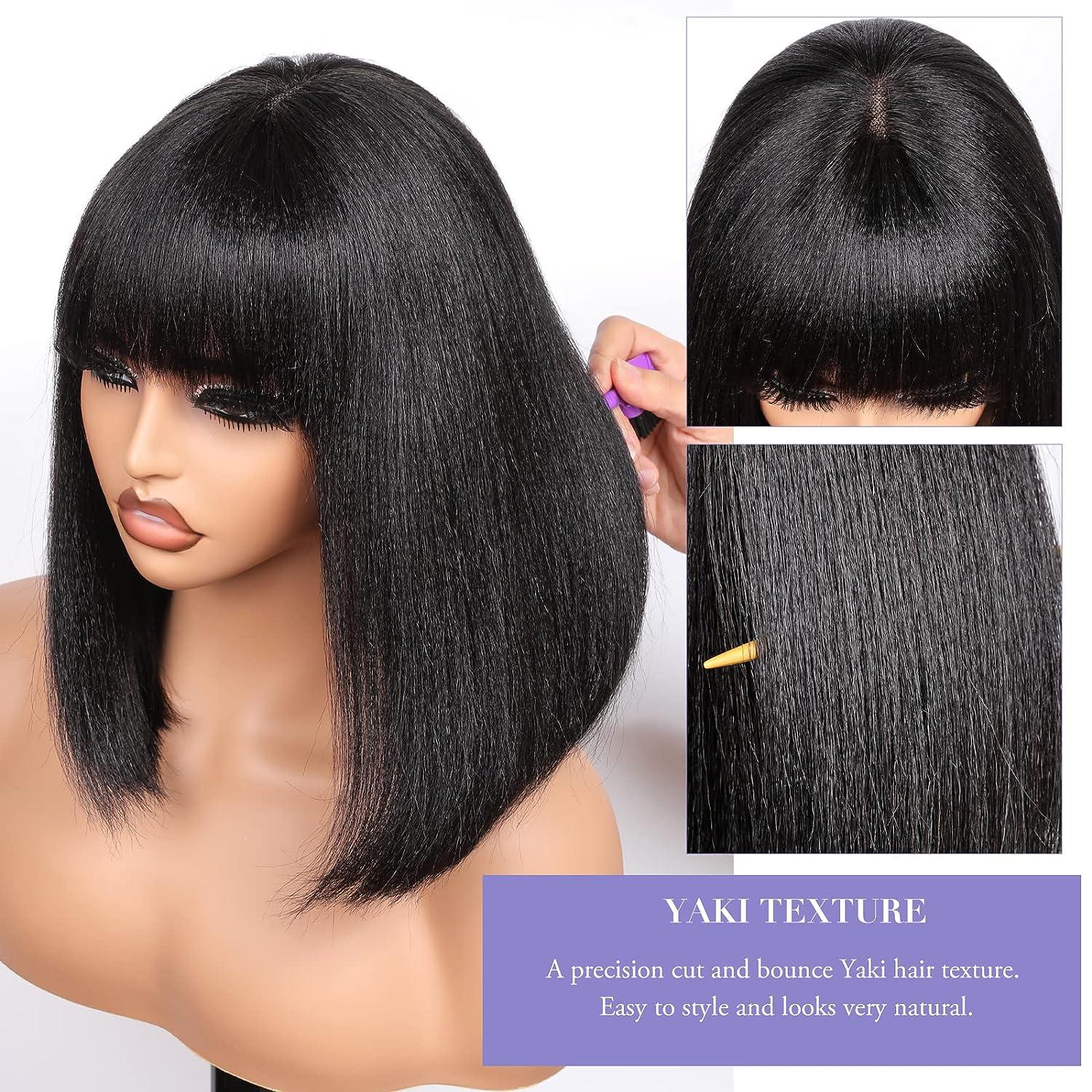 QAVA 10 Inch Light Yaki Straight Bob Wig with Bangs | 100% Brazilian ...