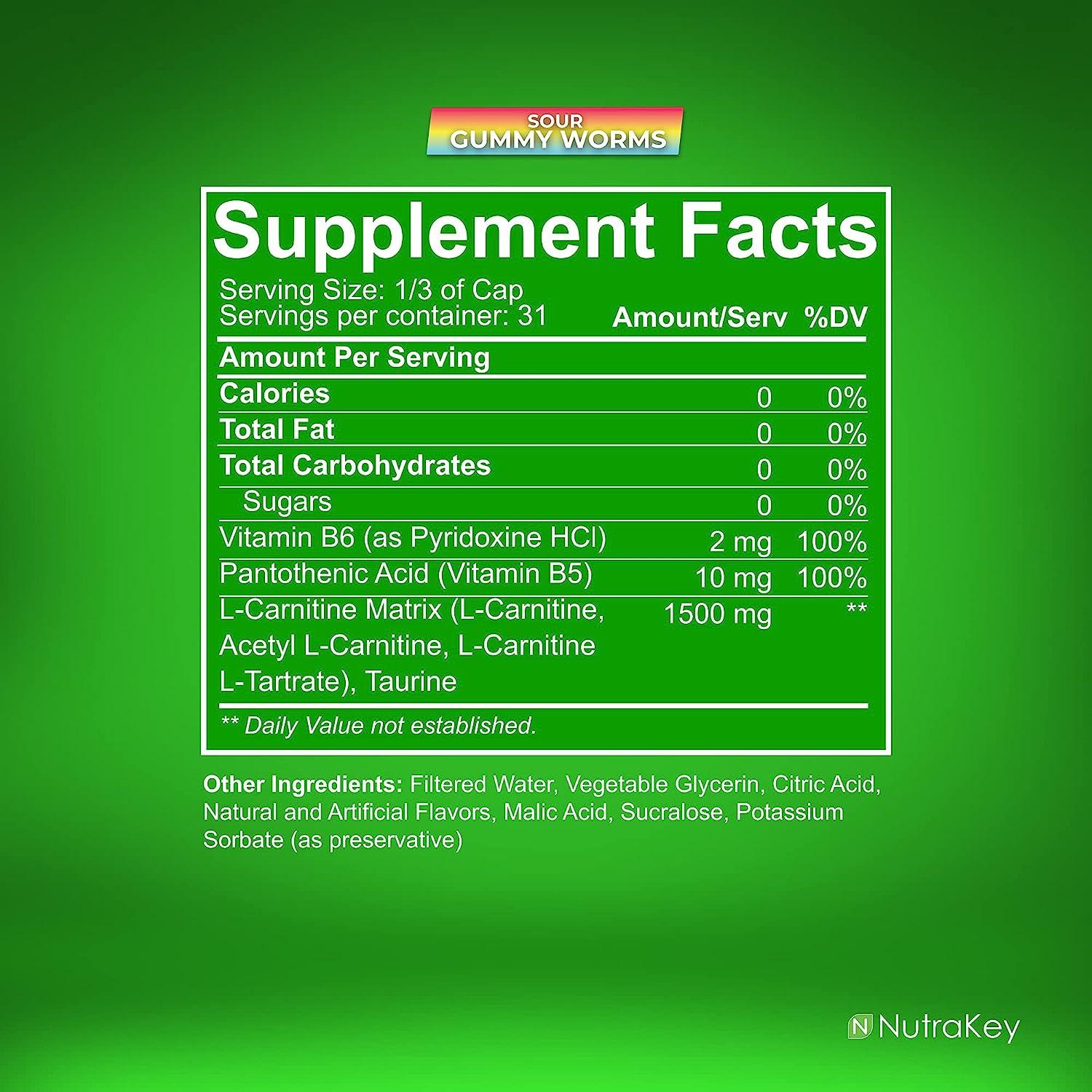 NutraKey L-Carnitine 1500mg Sour Gummy Worms - Fuel Without Sugar ...