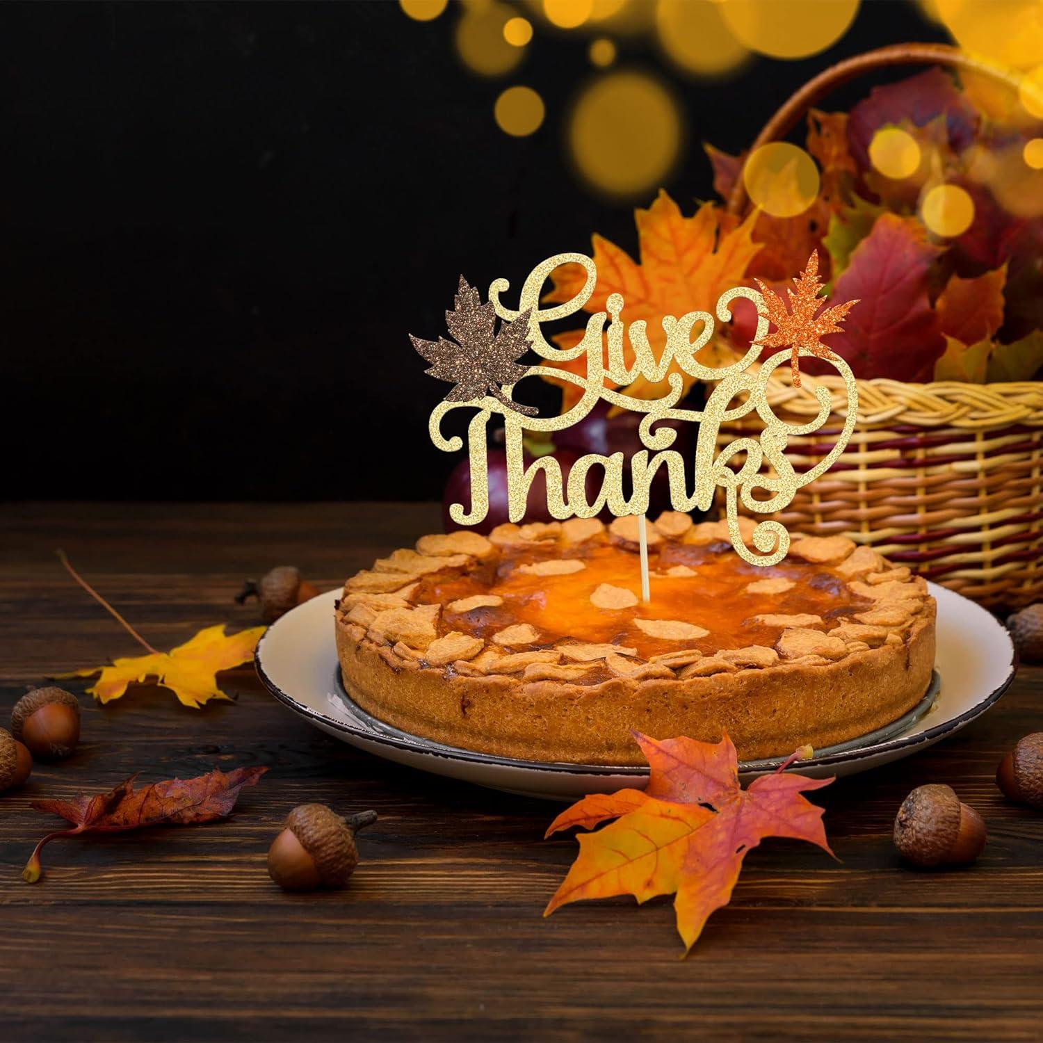 Gyufise 1 Pack Give Thanks Cake Topper Gold Glitter Friendsgiving Cake ...
