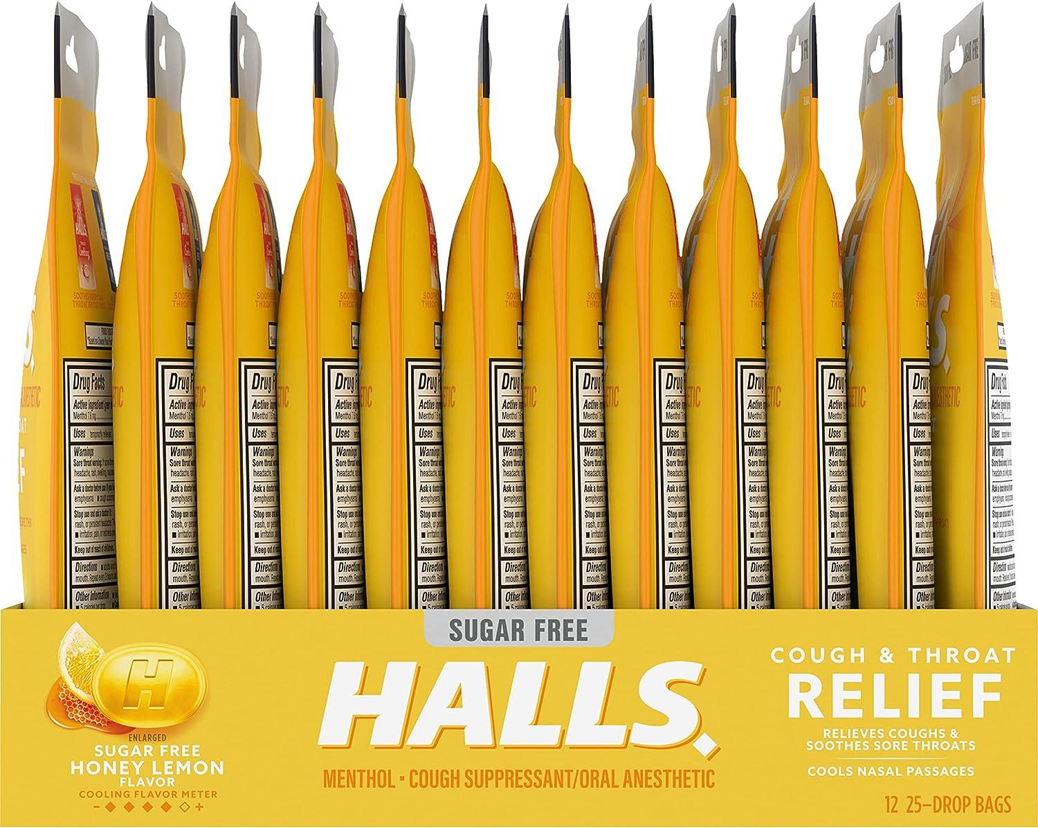 HALLS Relief Honey Lemon Sugar Free Cough Drops, 12 Packs of 25 Drops ...