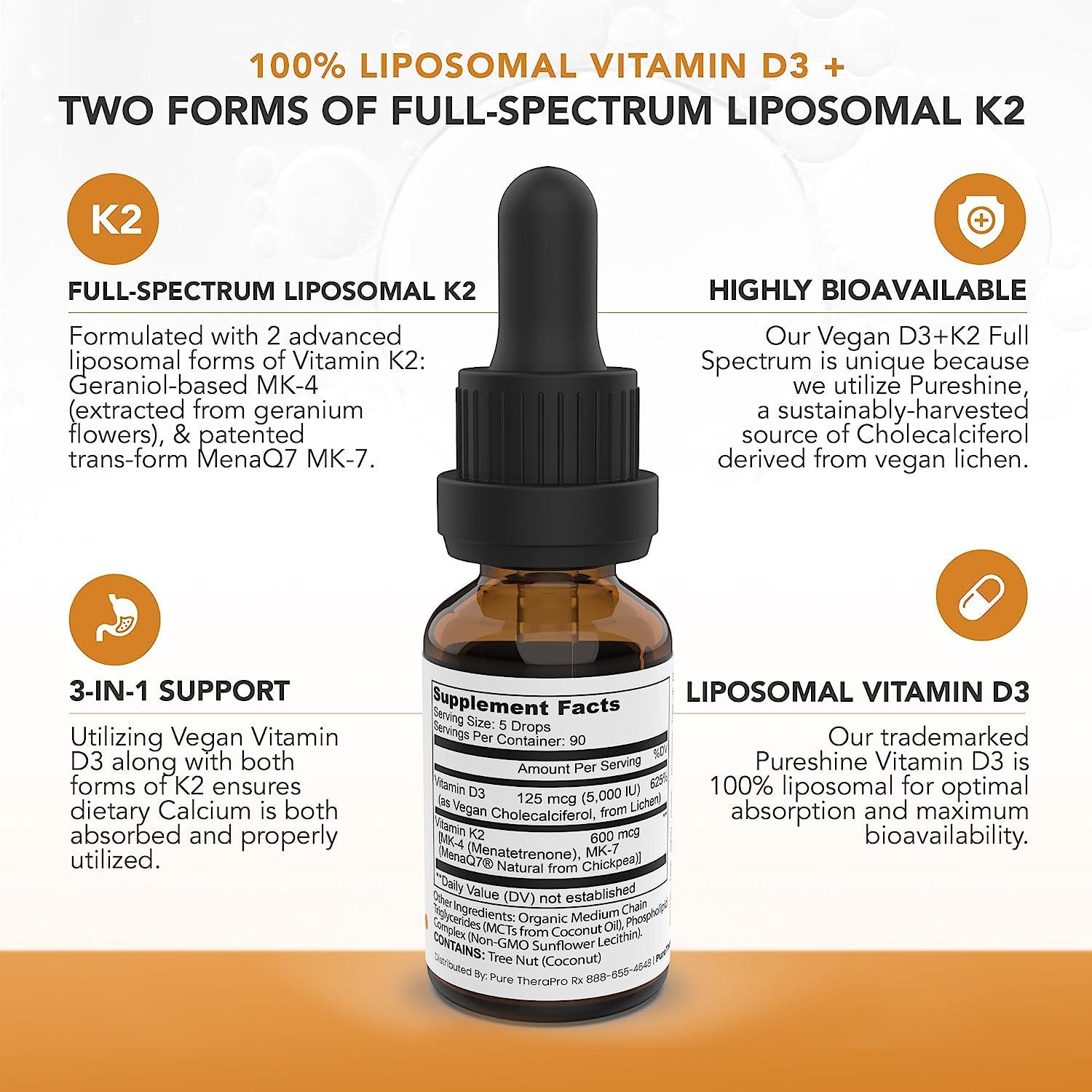 Pure TheraPro Rx Vegan D3 + K2 Organic Liquid Supplement | Vitamin D3 5000 IU with K2 for ...