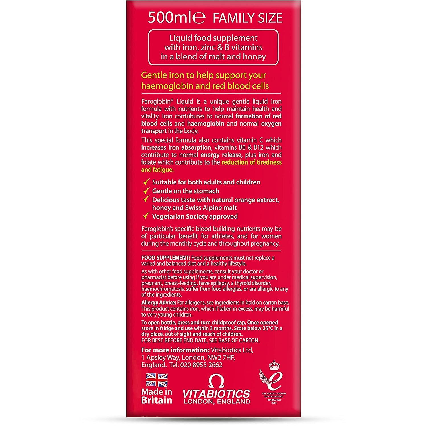 Vitabiotics Organic Feroglobin Liquid 500ml - Iron Supplement for ...