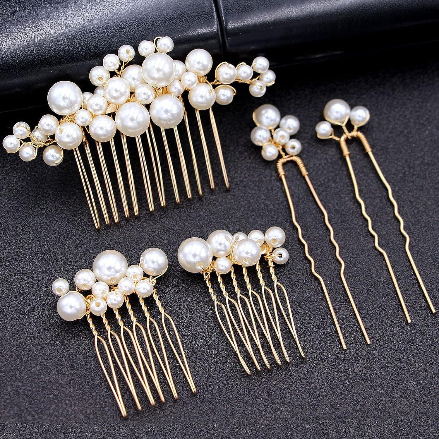 Elegant Set of 5 Gold Wedding Pearl Hair Combs - Bridal Women's ...