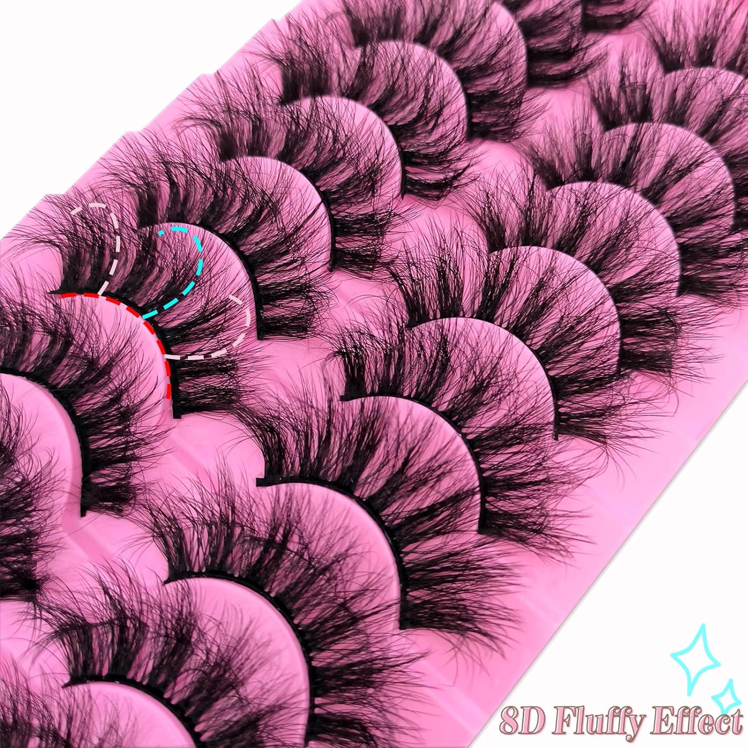 10 Pairs Fluffy Faux Mink Wispy False Eyelashes - 20MM Long Thick ...