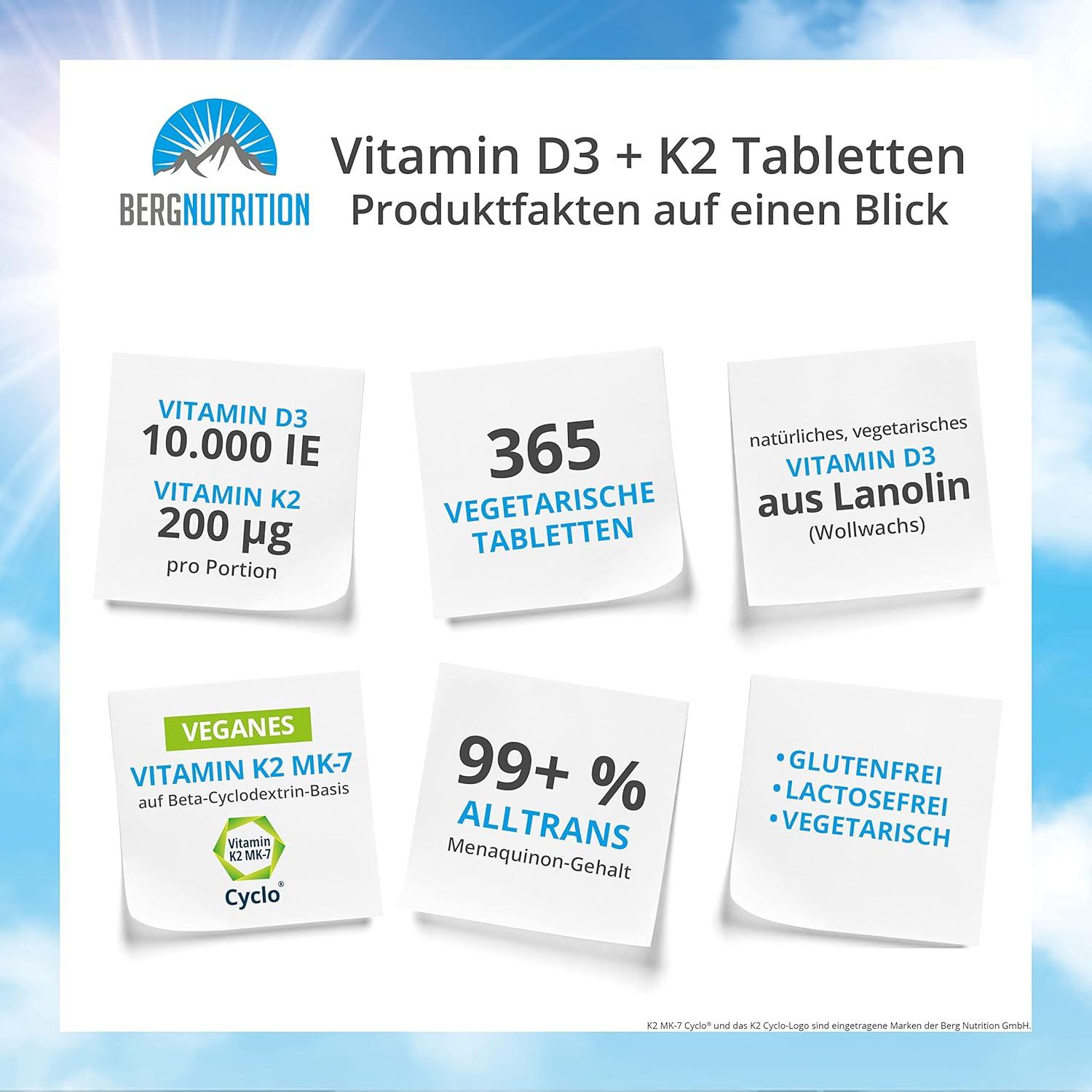 Berg Nutrition Vitamin D3 10 000 IU + K2 200 g | Premium Vegan Tablets ...