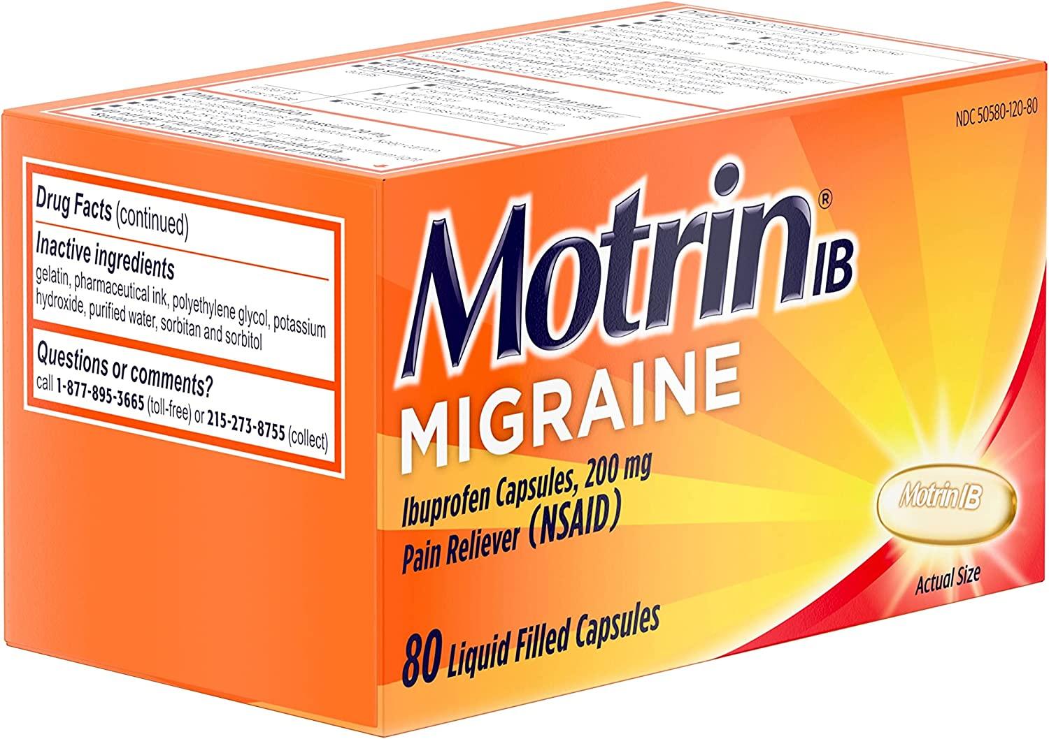 Motrin IB Migraine Liquid Gel Caps, Ibuprofen 200 mg, Migraine Relief ...