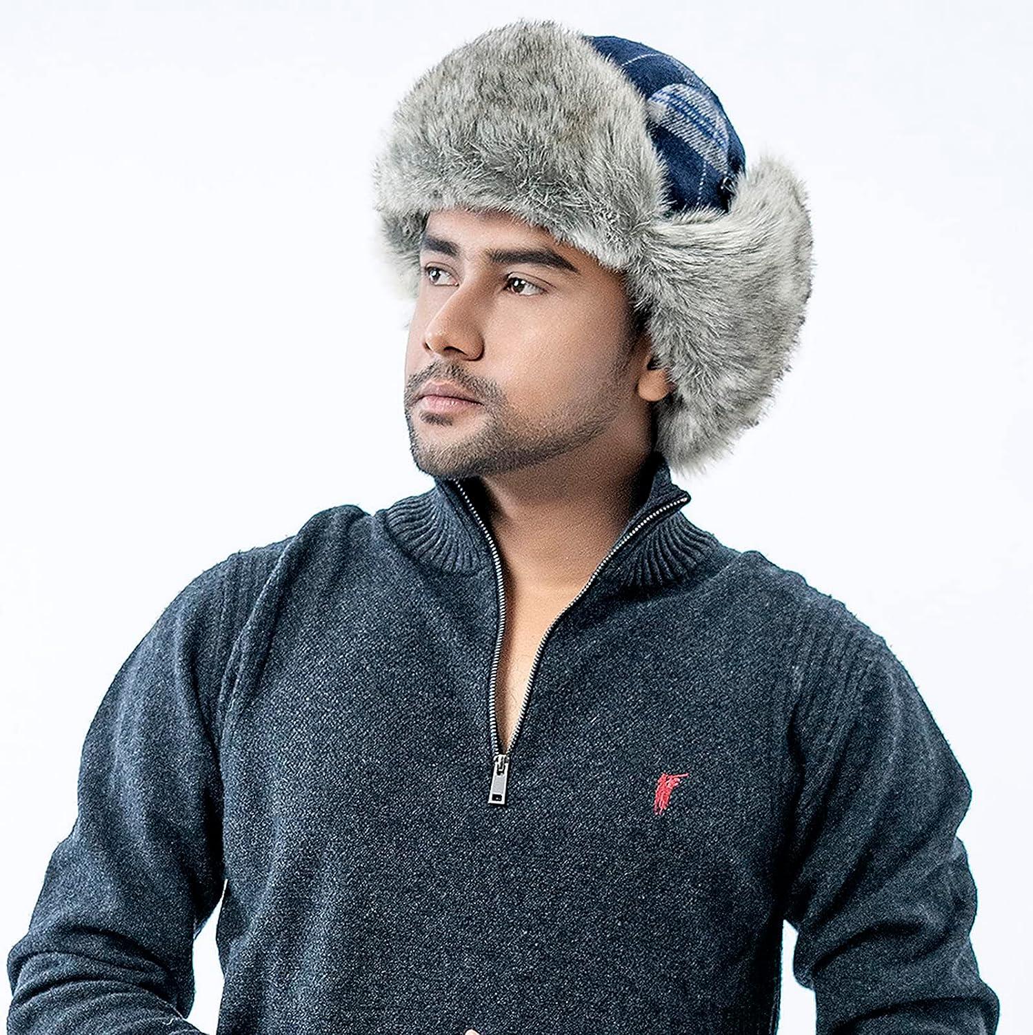 HEYANN Winter Trapper Hat - Plaid Faux Fur Russian Ushanka Aviator Hat ...