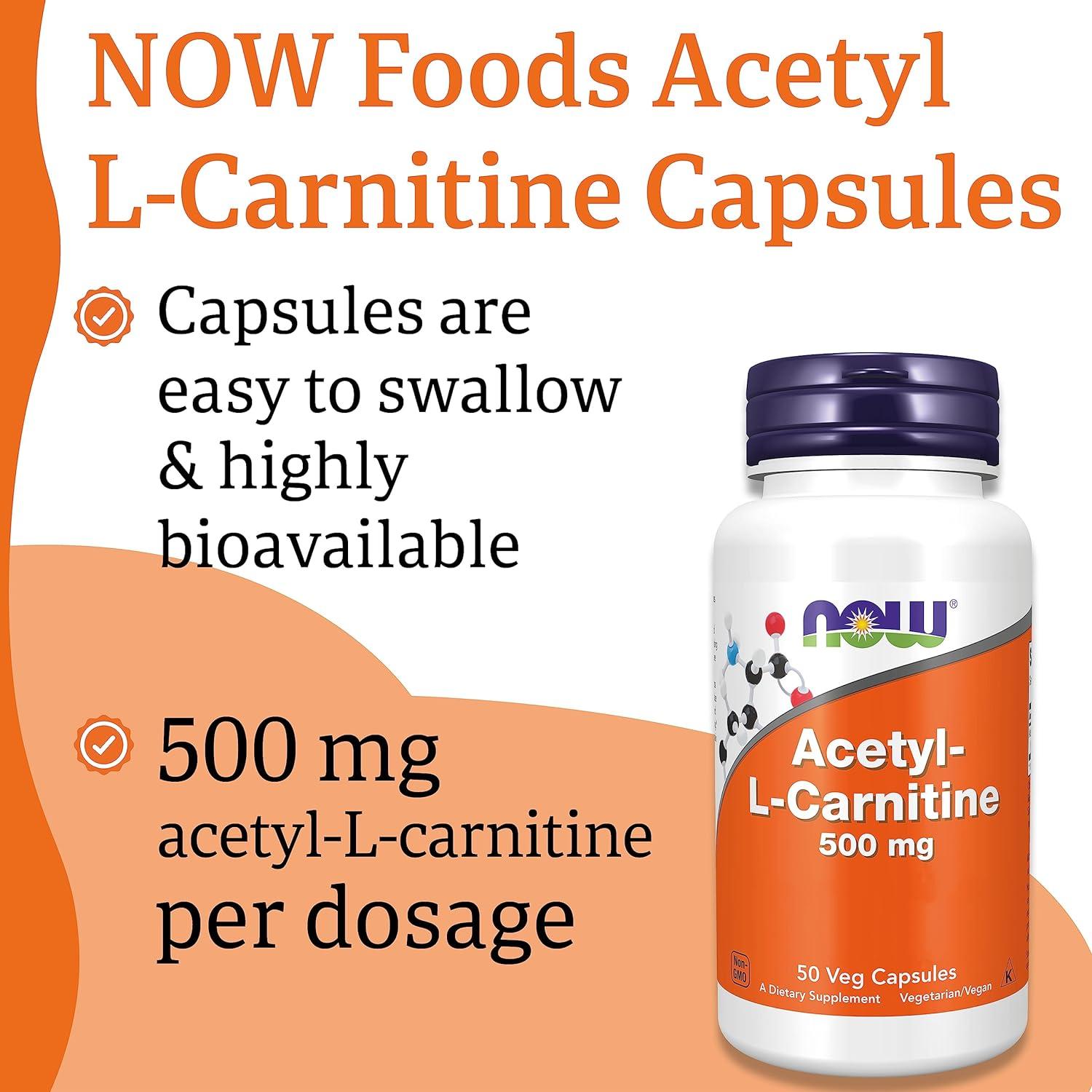 Now Foods Acetyl-L-Carnitine 500mg - 50 Vegan Capsules | Lab-Tested ...