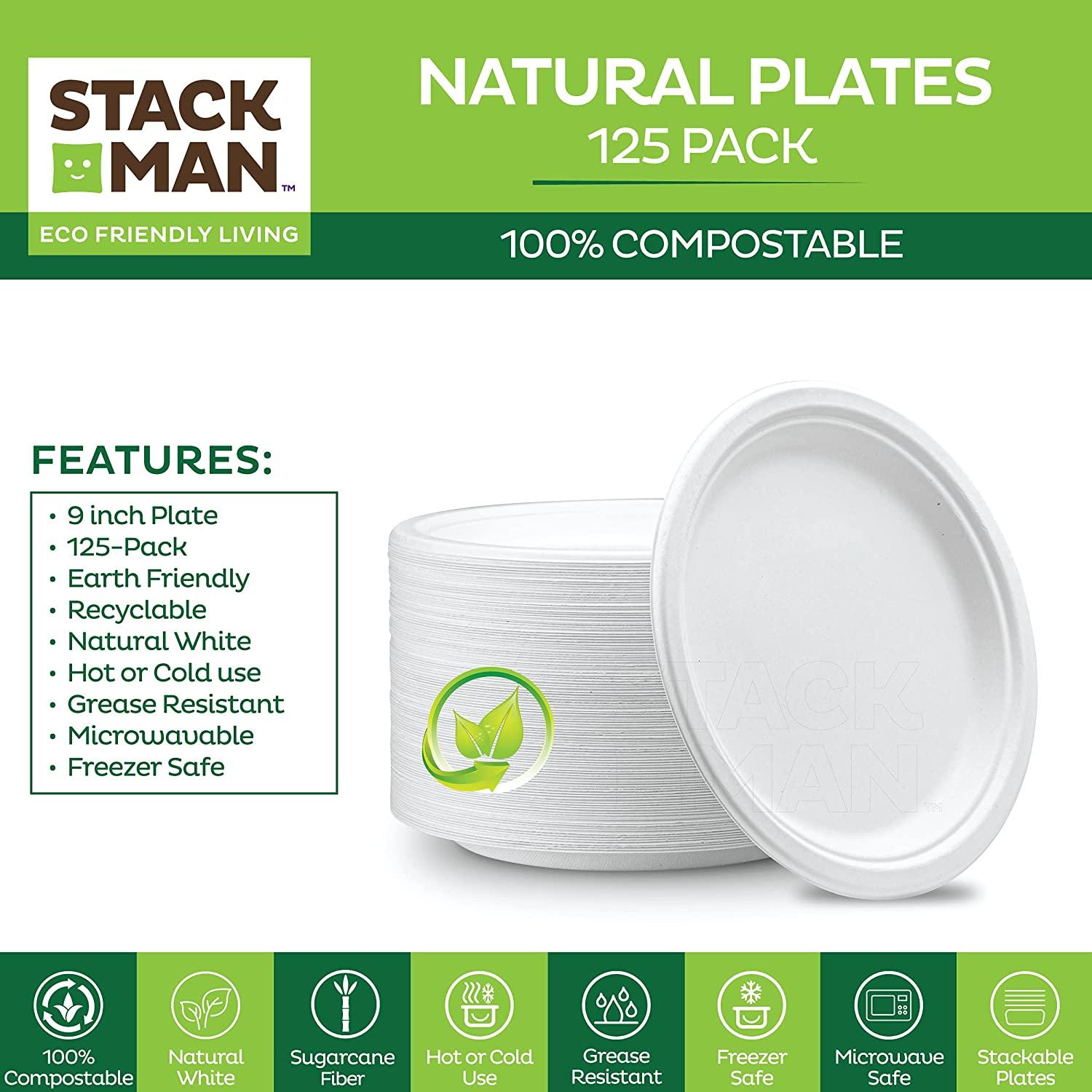 125-Pack 9-Inch Compostable Heavy-Duty Plates | Eco-Friendly Bagasse ...