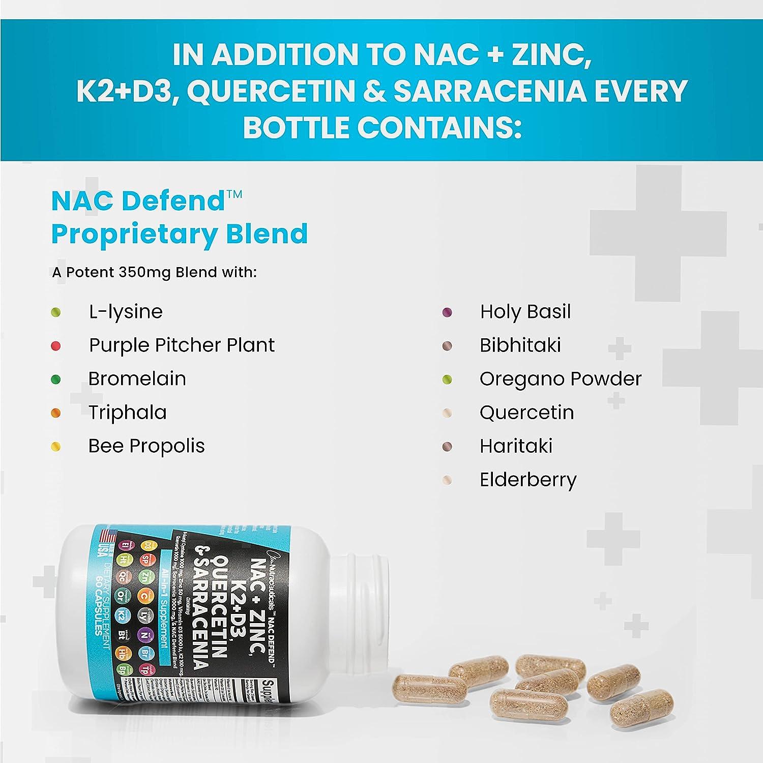 NAC Supplement 1000mg with Vitamin D3, K2, Zinc, Quercetin, Sarracenia ...