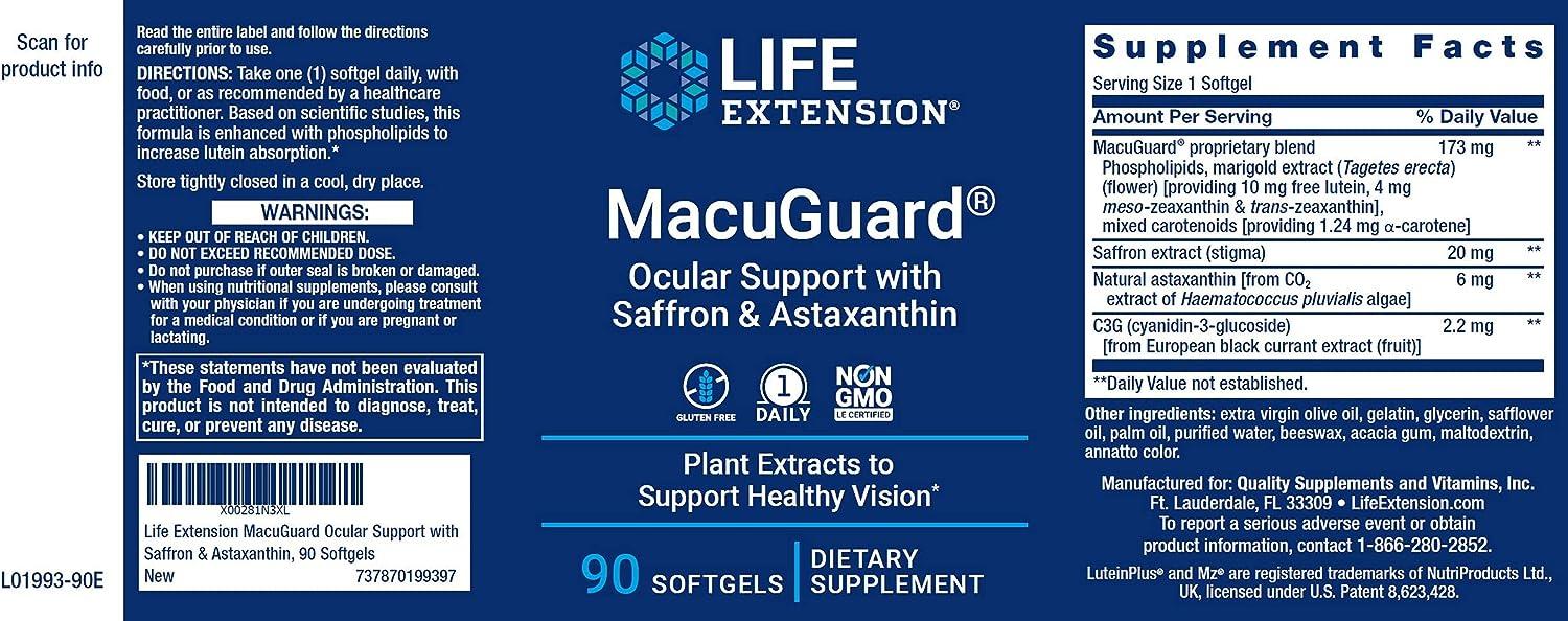 Life Extension MacuGuard Ocular Support 90 softgels - Saffron ...