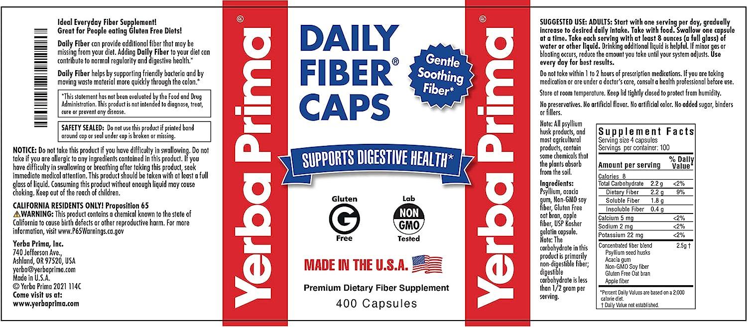 Yerba Prima Daily Fiber Caps Formula 400 Capsules - Both Soluble and ...