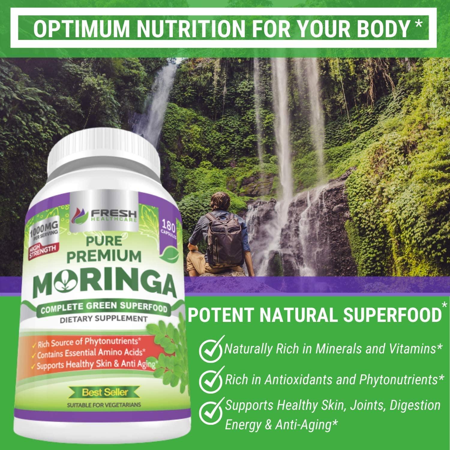 Moringa Oleifera 180 Capsules | 100% Pure Leaf Powder | 1000mg Per Serving | Green Superfood ...