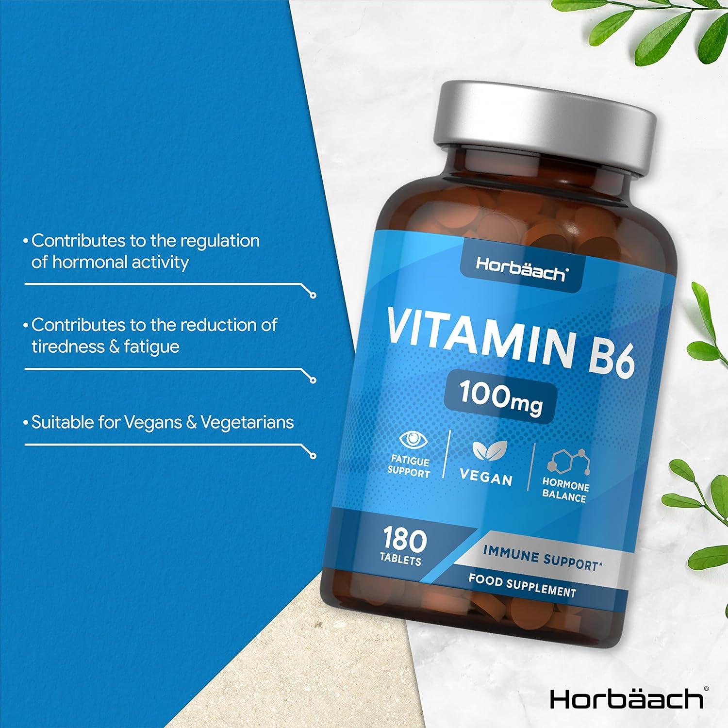 Vitamin B6 100mg 180 Tablets | Hormonal Regulation & Fatigue Support | Vegan Friendly | Horbaach ...