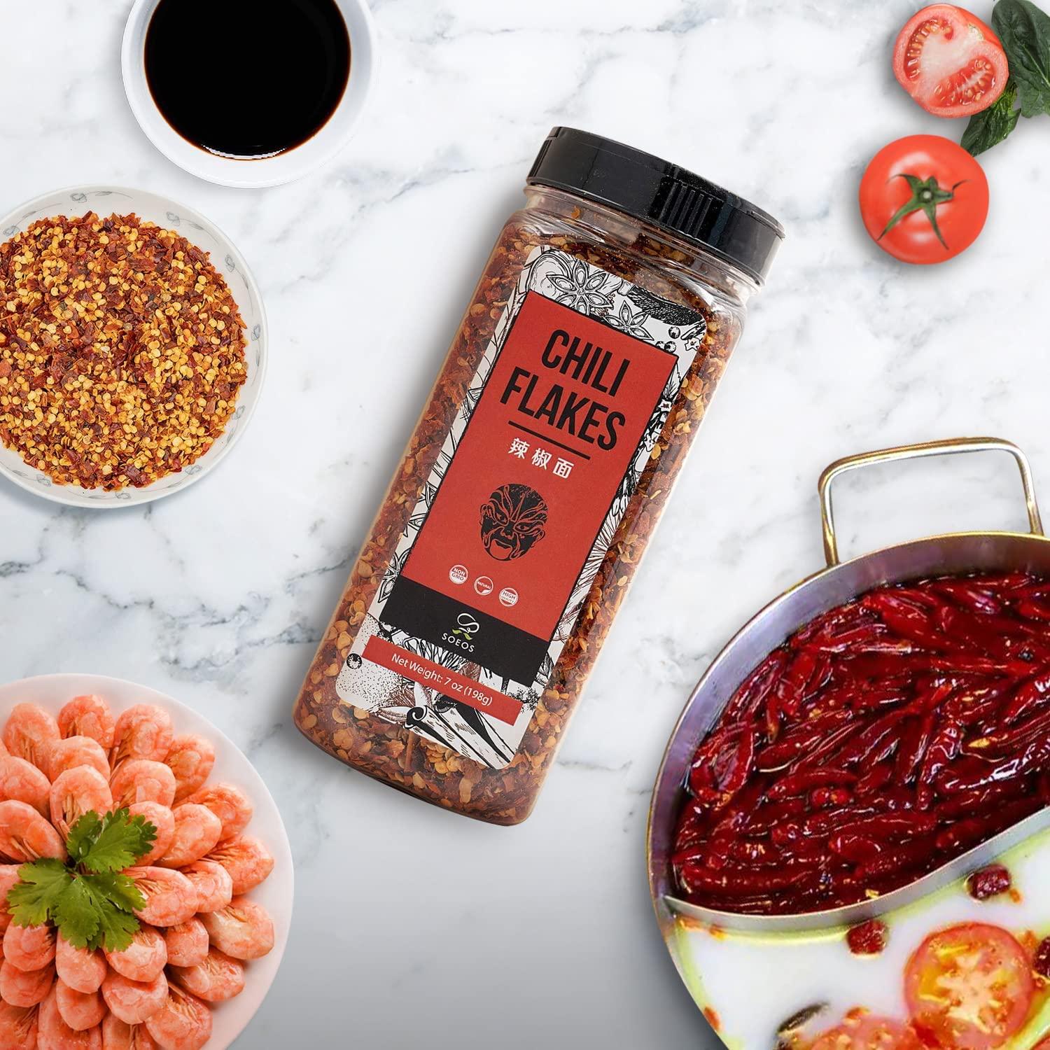 Soeos 7oz Sichuan Chili Flakes - Non-GMO, All Natural, Medium Hot ...