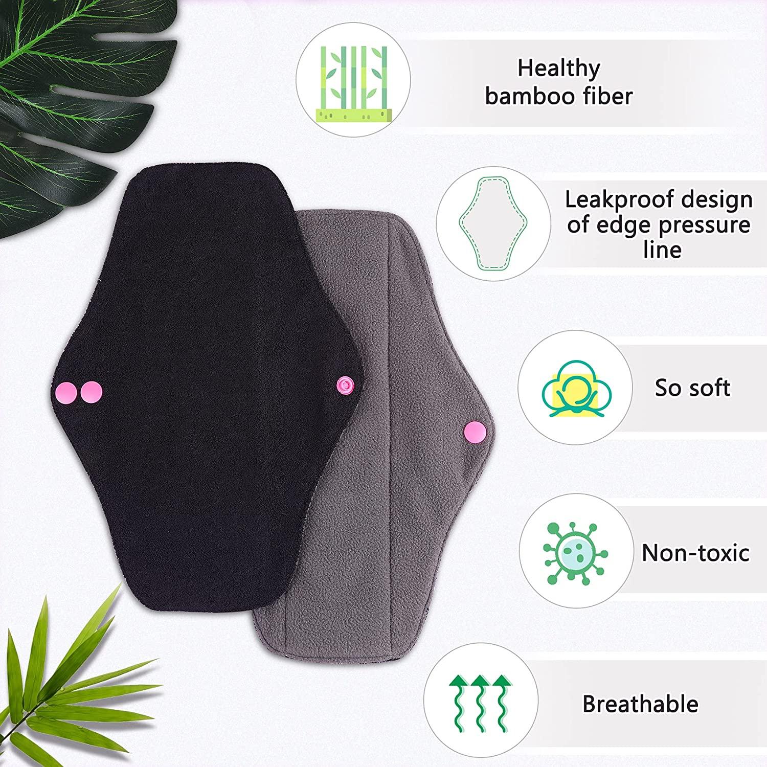 Rovtop 10 Pcs Reusable Black Cloth Menstrual Pads with Bamboo Charcoal ...