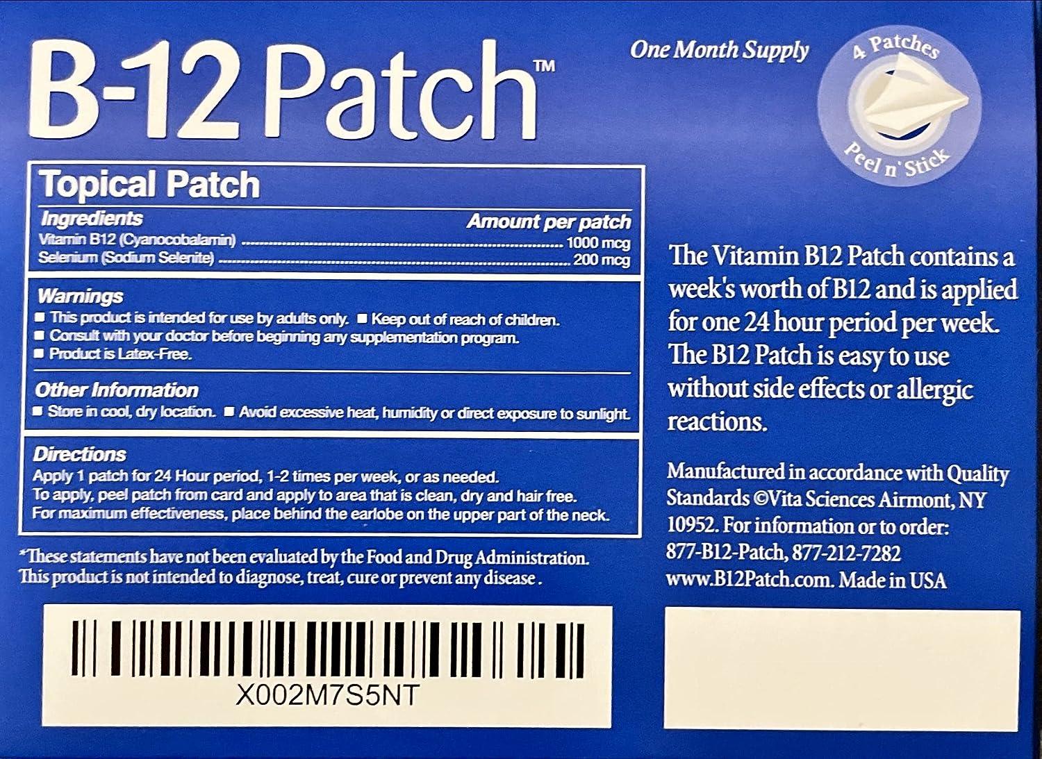 Vita Sciences Vitamin B12 Patch - Extra Strength Formula for Men and Women - 1 Month Supply ...