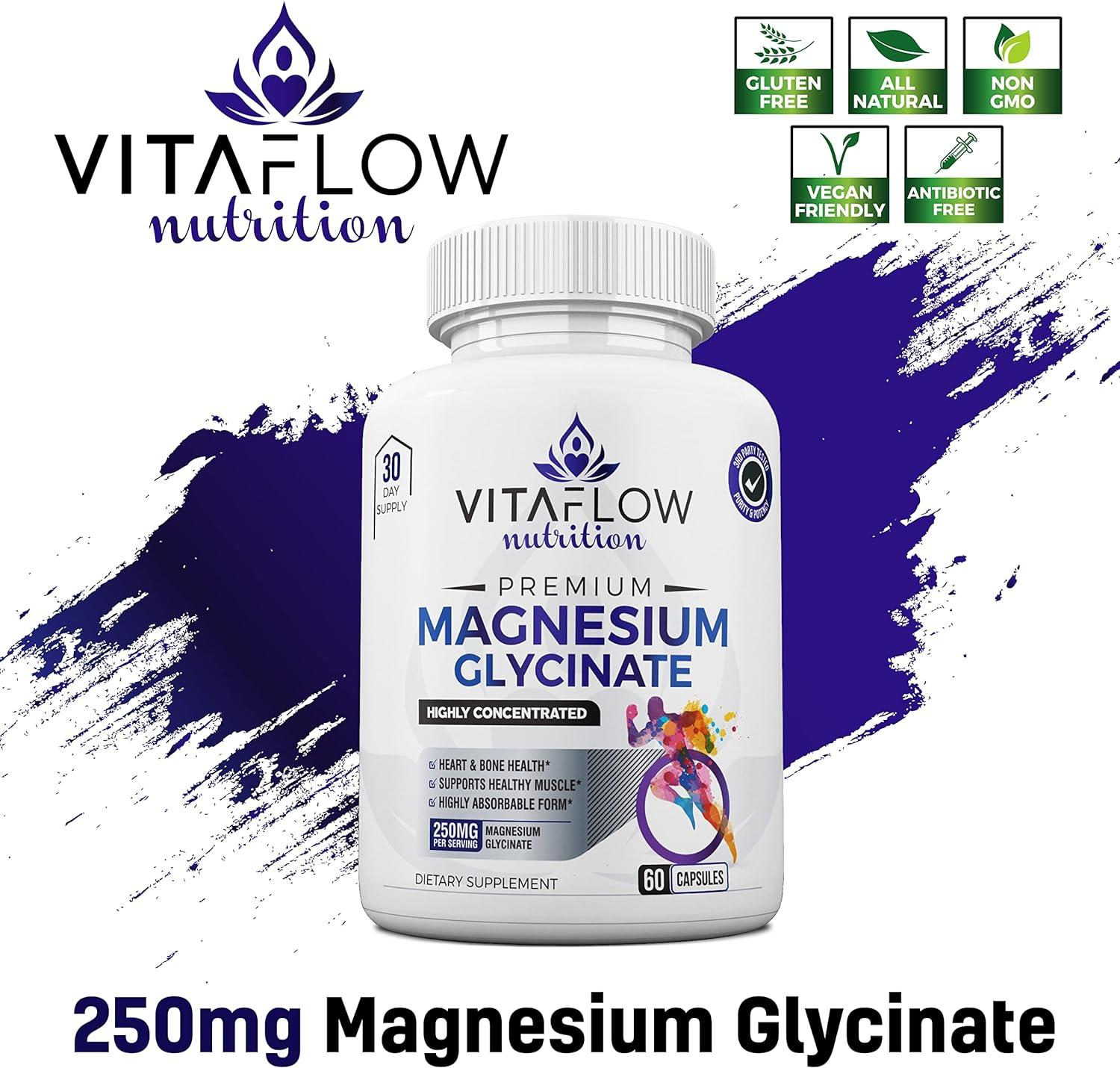 VitaFlow Nutrition Magnesium Glycinate Supplement - 60 Capsules 250mg ...