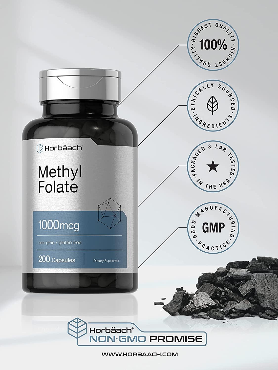Methyl Folate 1000mcg 5-MTHF | 200 Capsules Folic Acid Supplement | Non ...