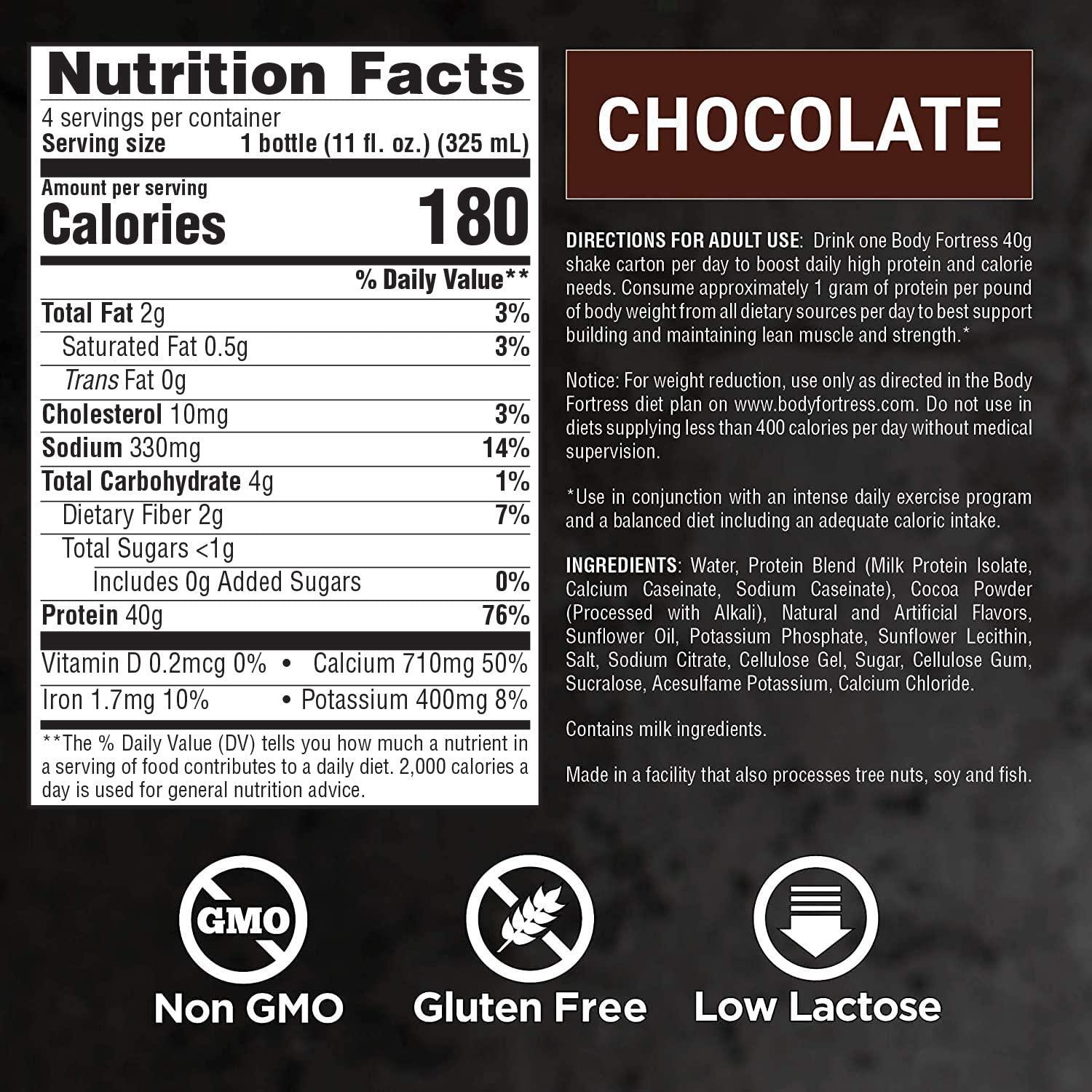 Body Fortress Chocolate Protein Shake 40g - 11 Fl Oz (Pack of 12) | Buy ...