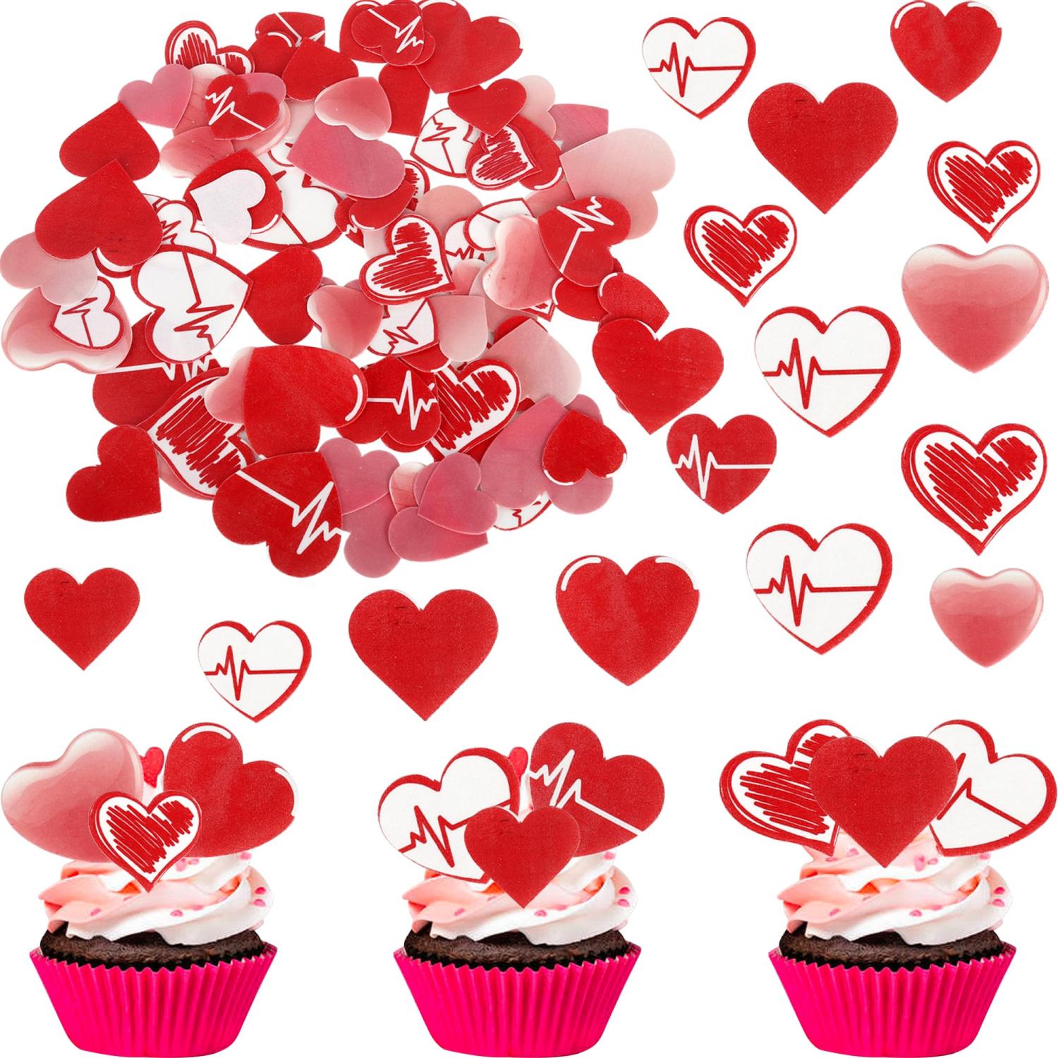 SYKYCTCY 80 Pack Edible Valentines Day Cupcake Toppers Red and Pink ...