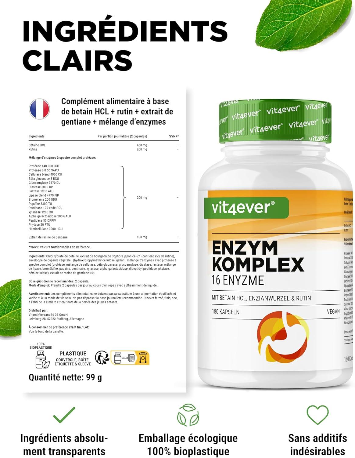 Digestive Enzymes - 180 Capsules with 16 Enzymes Plus Betaine HCL Rutin ...