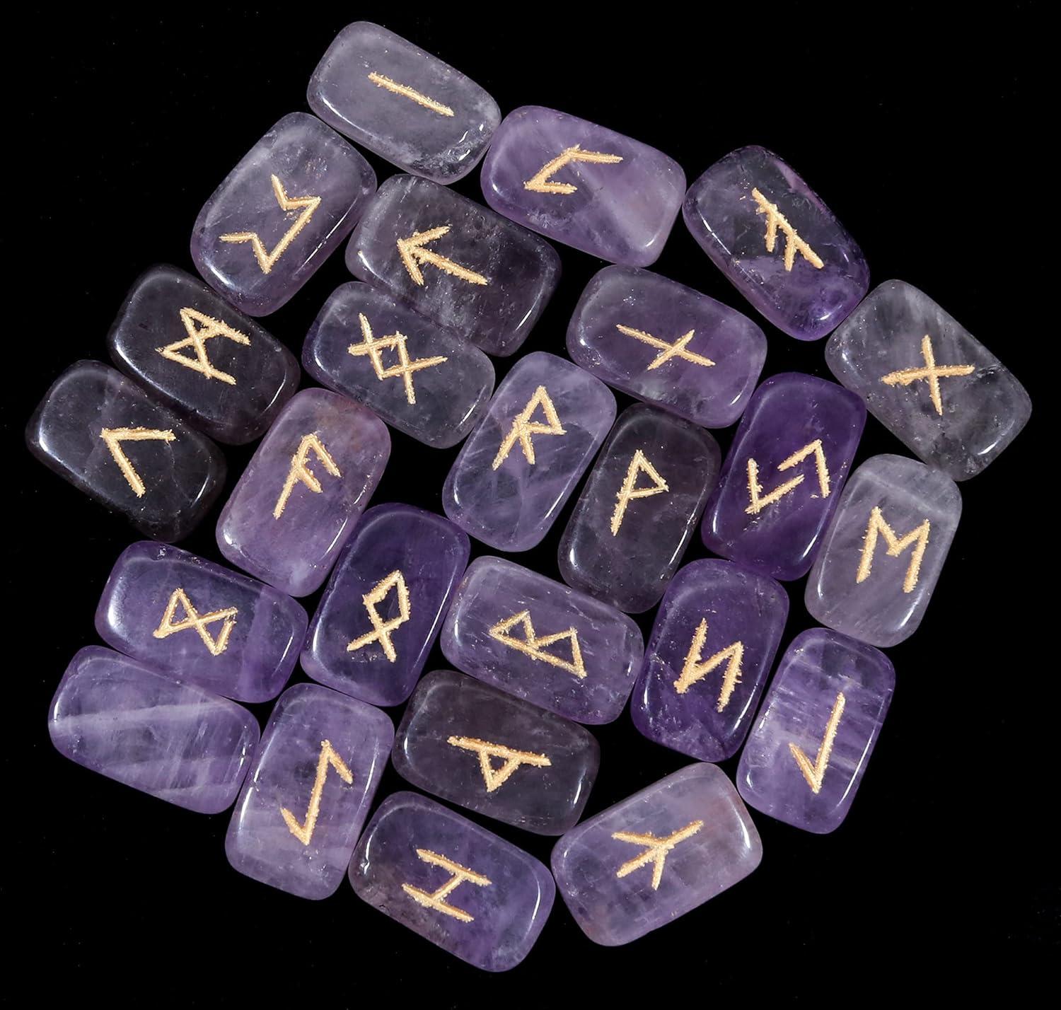Crocon Amethyst Gemstone Rune stones Rectangle Shape with Elder Futhark ...