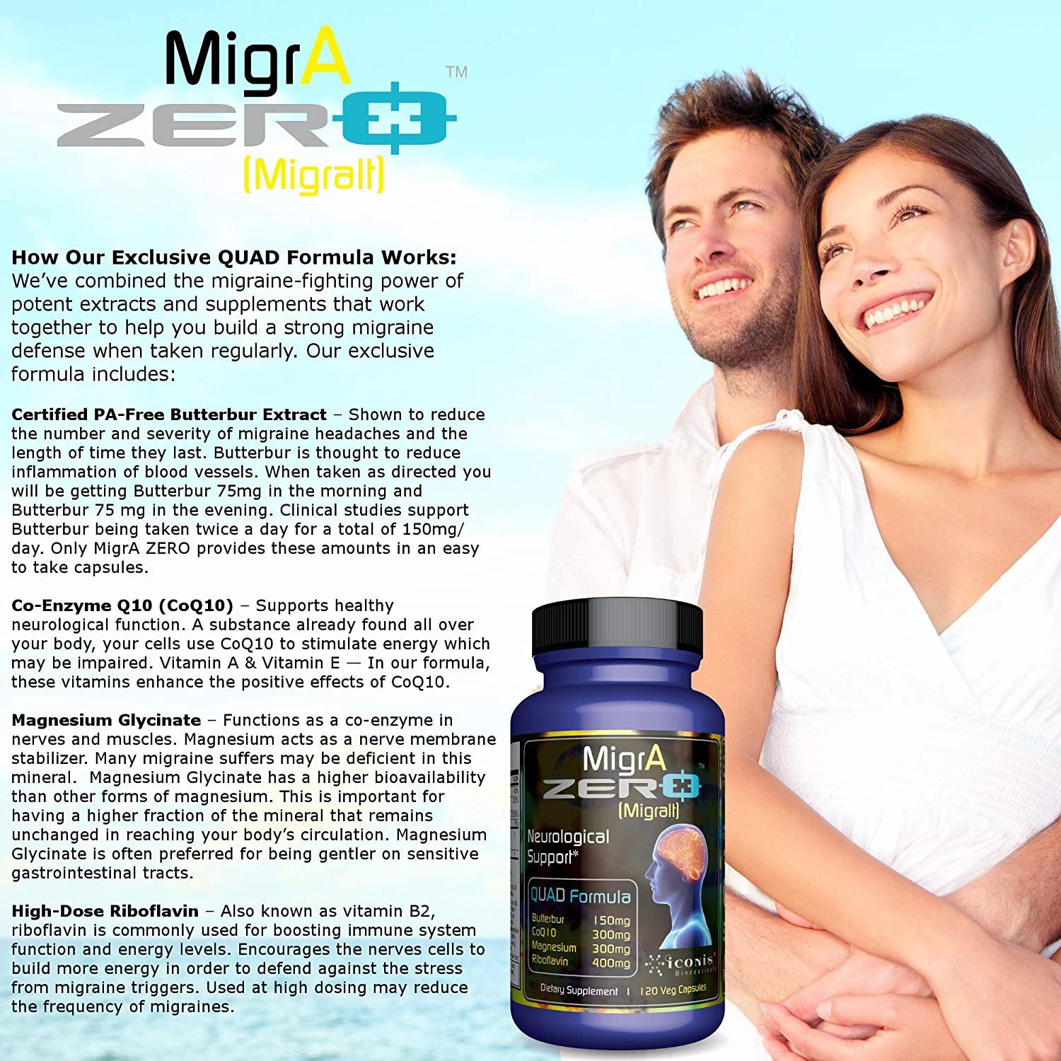 MigrA Zero: Migraine Relief Quad-Formula with PA-Free Butterbur, CoQ10 ...