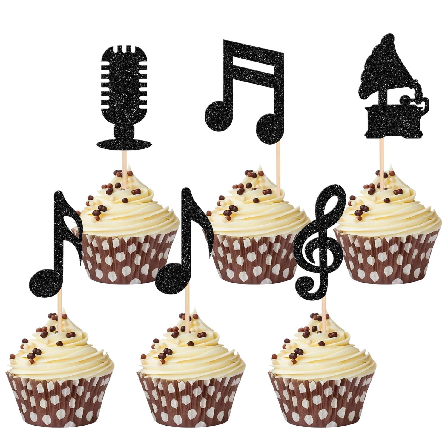 Rsstarxi 24 Pack Music Notes Cupcake Toppers Black Glitter Microphone ...