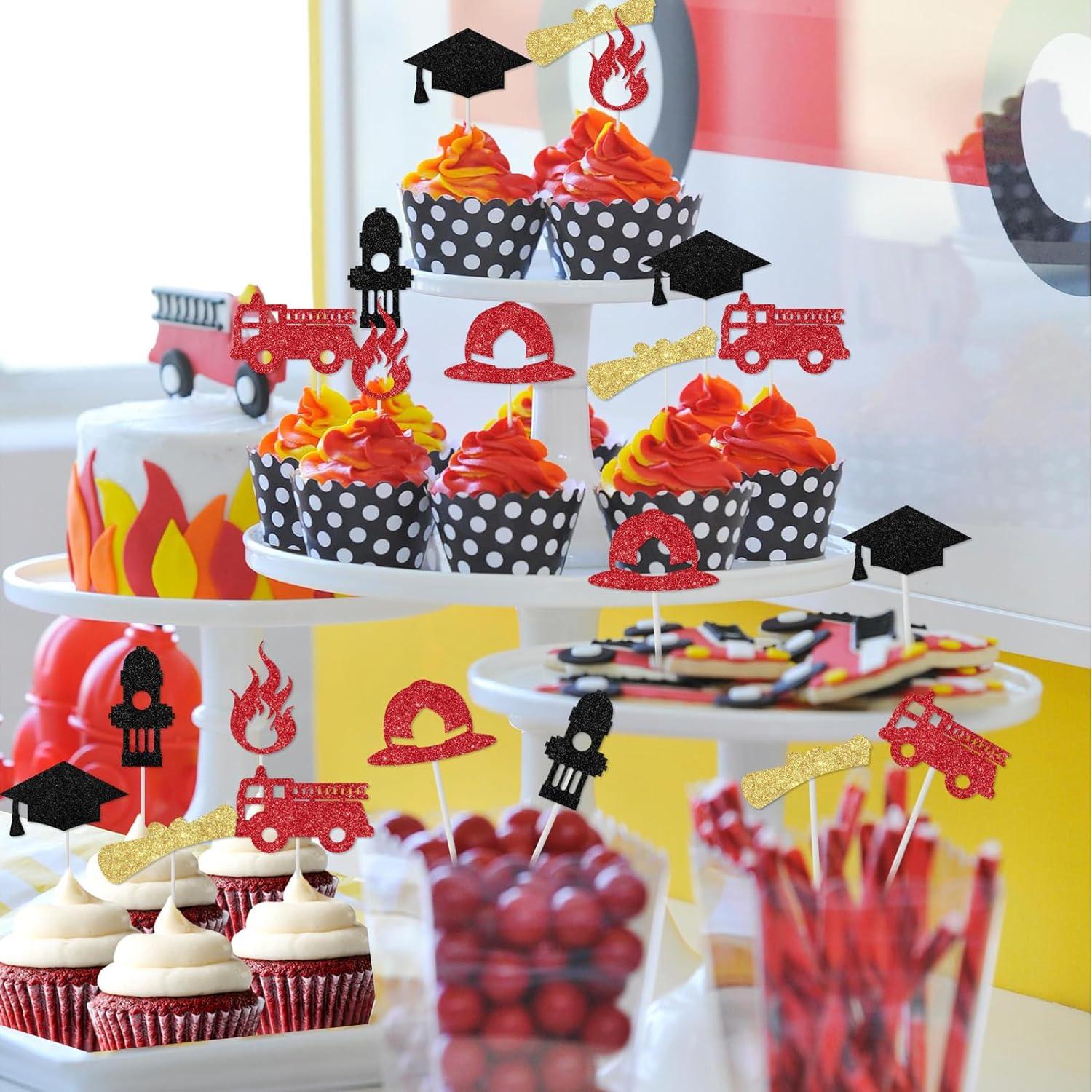 kreat4joy 24pcs Firefighter Graduation Cupcake Toppers Glittering ...