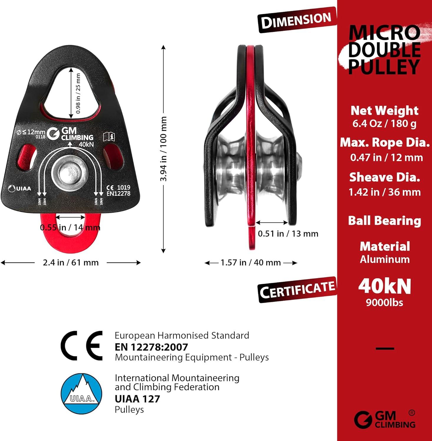 GM CLIMBING 40kN Micro Double Pulley Prusik Minding Ball Bearing UIAA ...