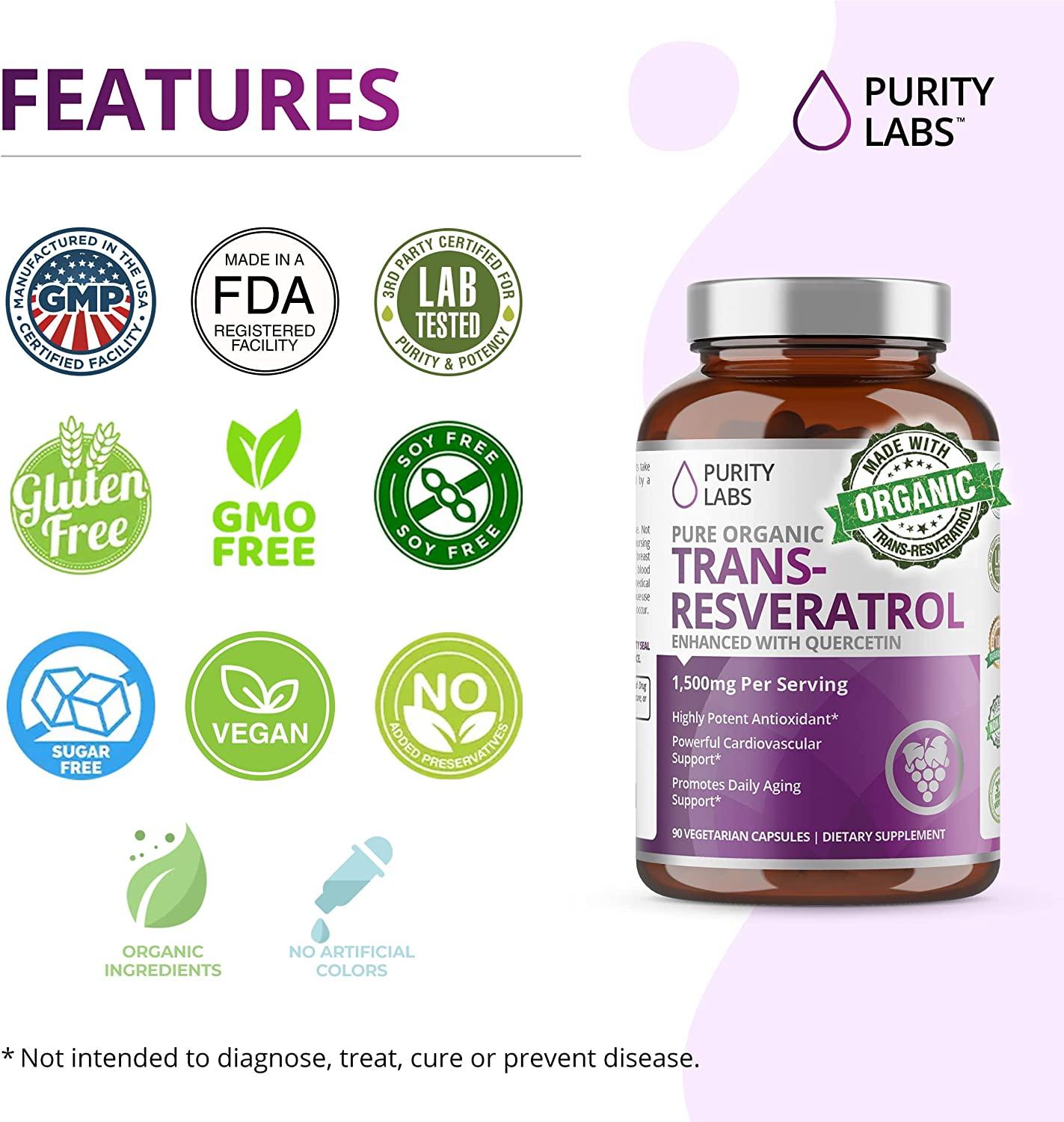 Purity Labs Organic Trans-Resveratrol - Vegan Heart & Skin Supplement ...
