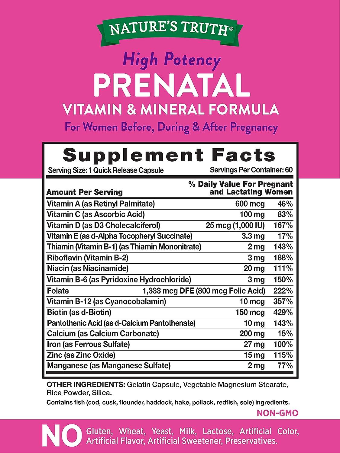 Nature's Truth Prenatal Vitamin and Mineral Formula Capsules 60 Count - Pack of 1