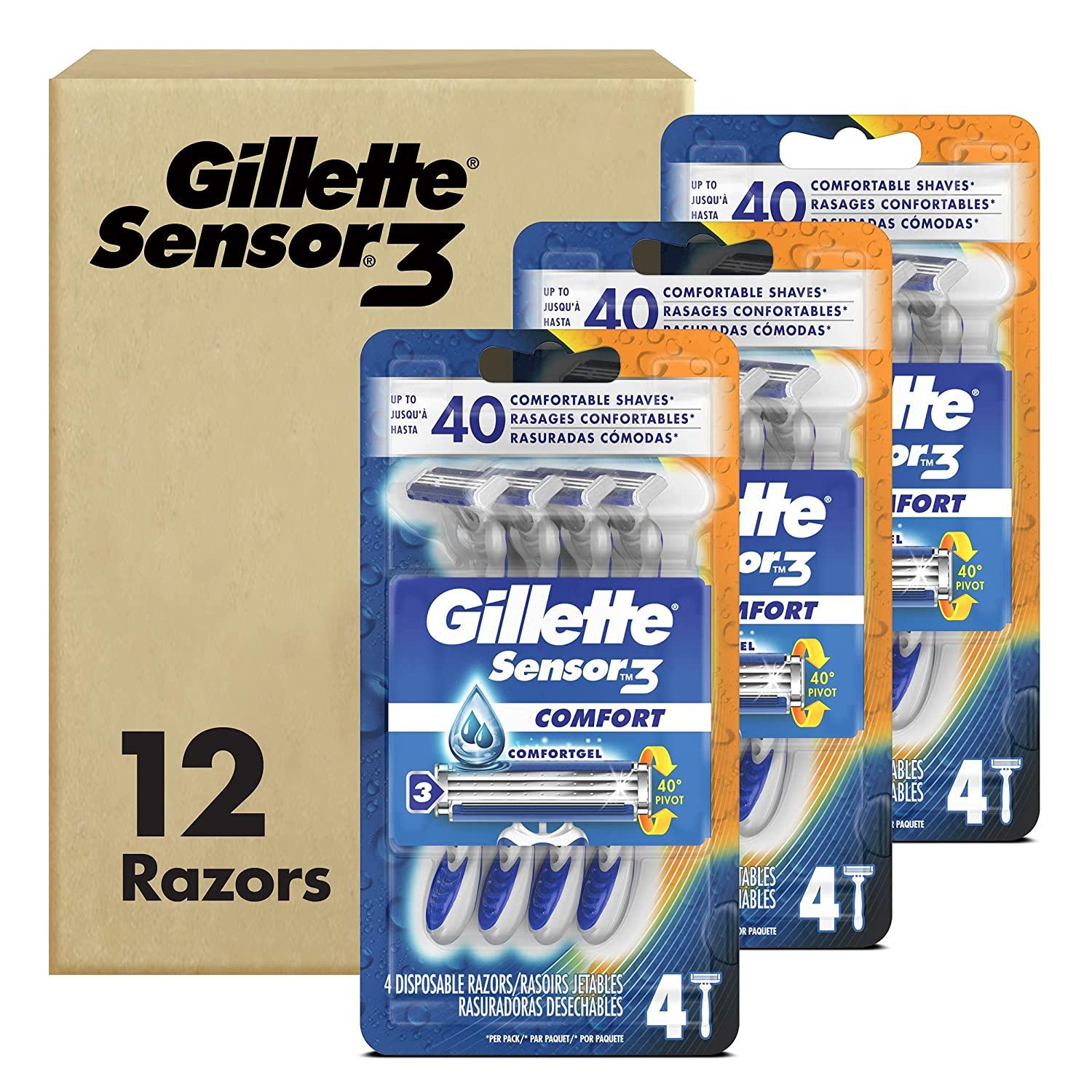 Gillette Sensor3 Comfort Disposable Razors for Men - 12 Count with ...