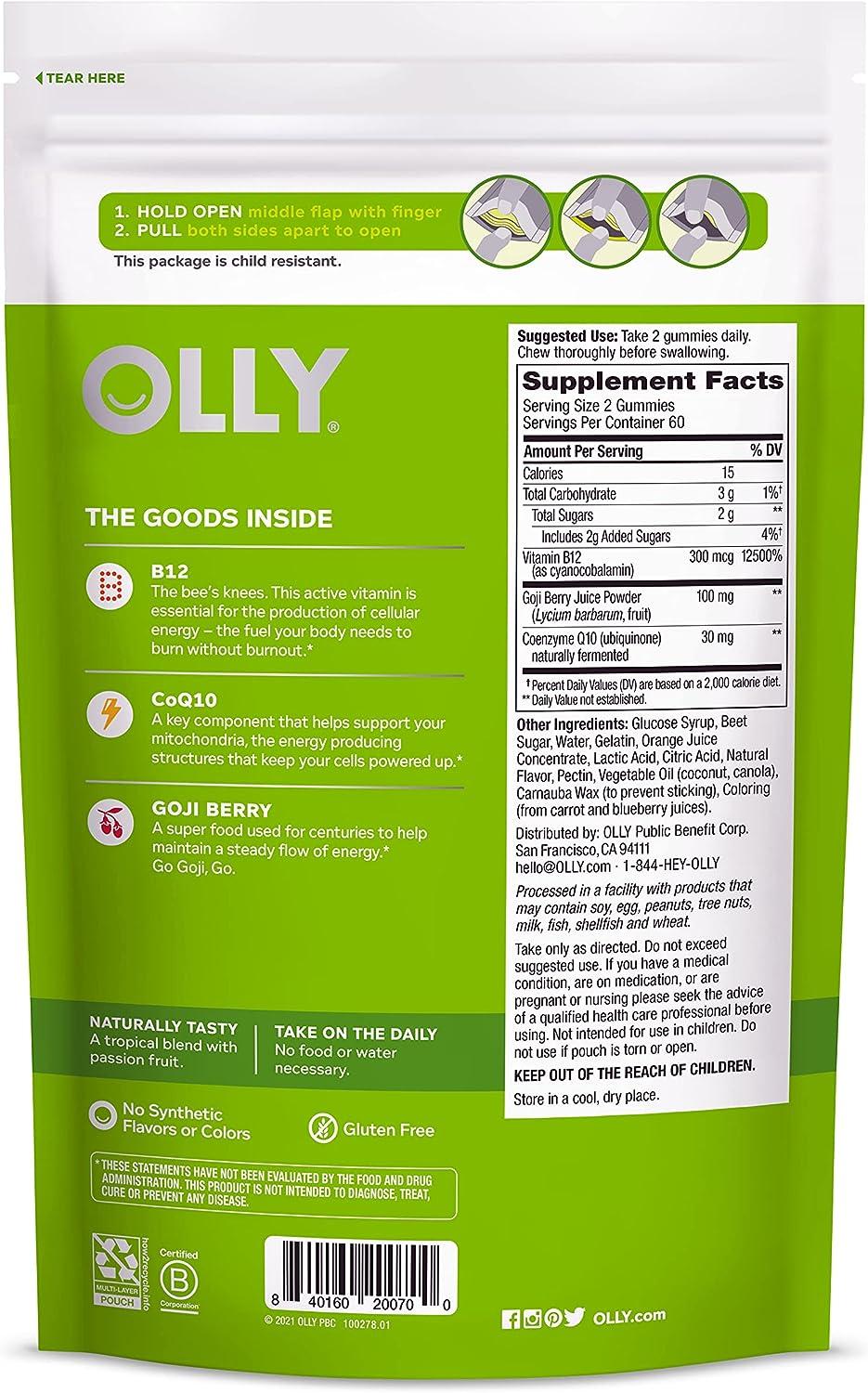 OLLY Daily Energy Gummy - Caffeine Free, Vitamin B12, CoQ10, Goji Berry ...