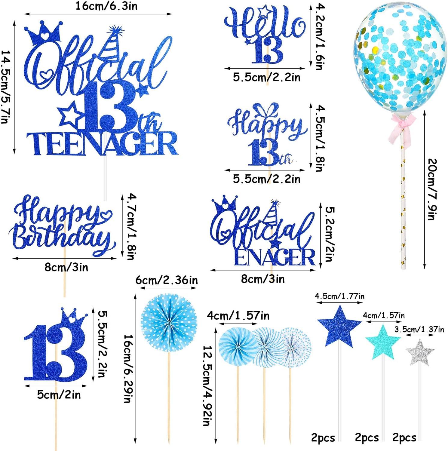 17 Pcs Official 13th Teenager Cake Toppers Giltter Blue Number 13 Pick ...