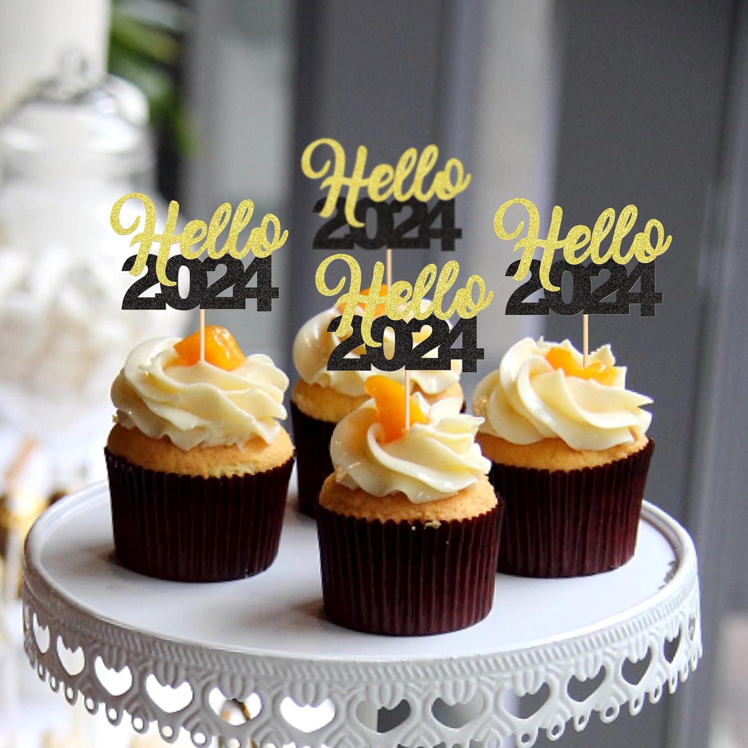 30 Pcs Glitter Happy New Year Cupcake Toppers 2024 Gold Black Cupcake ...