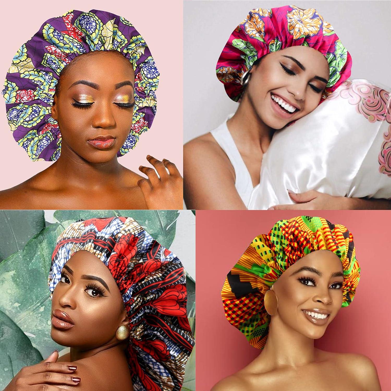 6 Pack Silk African Print Sleep Caps - Adjustable Bonnet for Natural ...