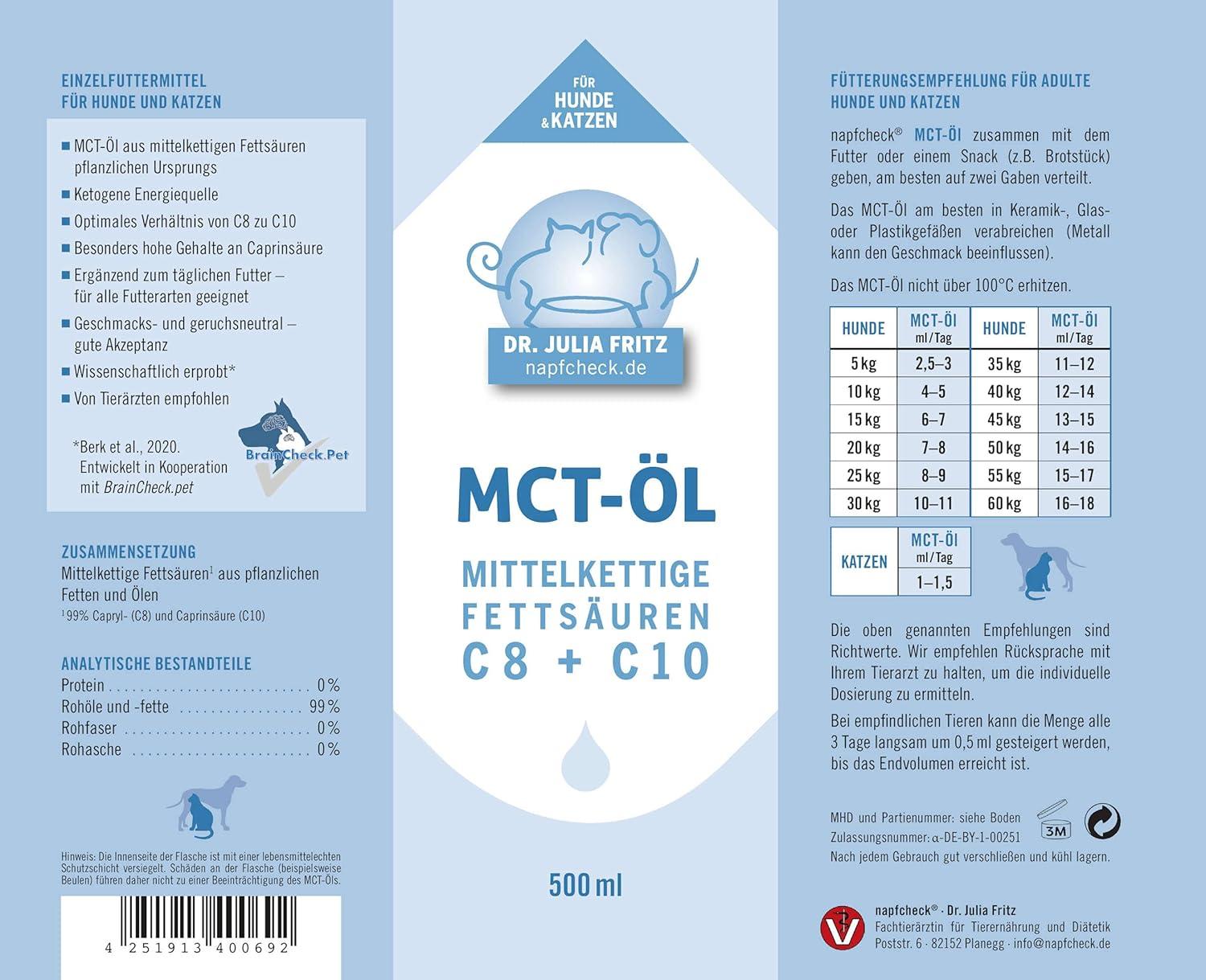 napfcheck MCT Oil for Dogs & Cats - 500ml Medium-Chain Fatty Acids C8 ...