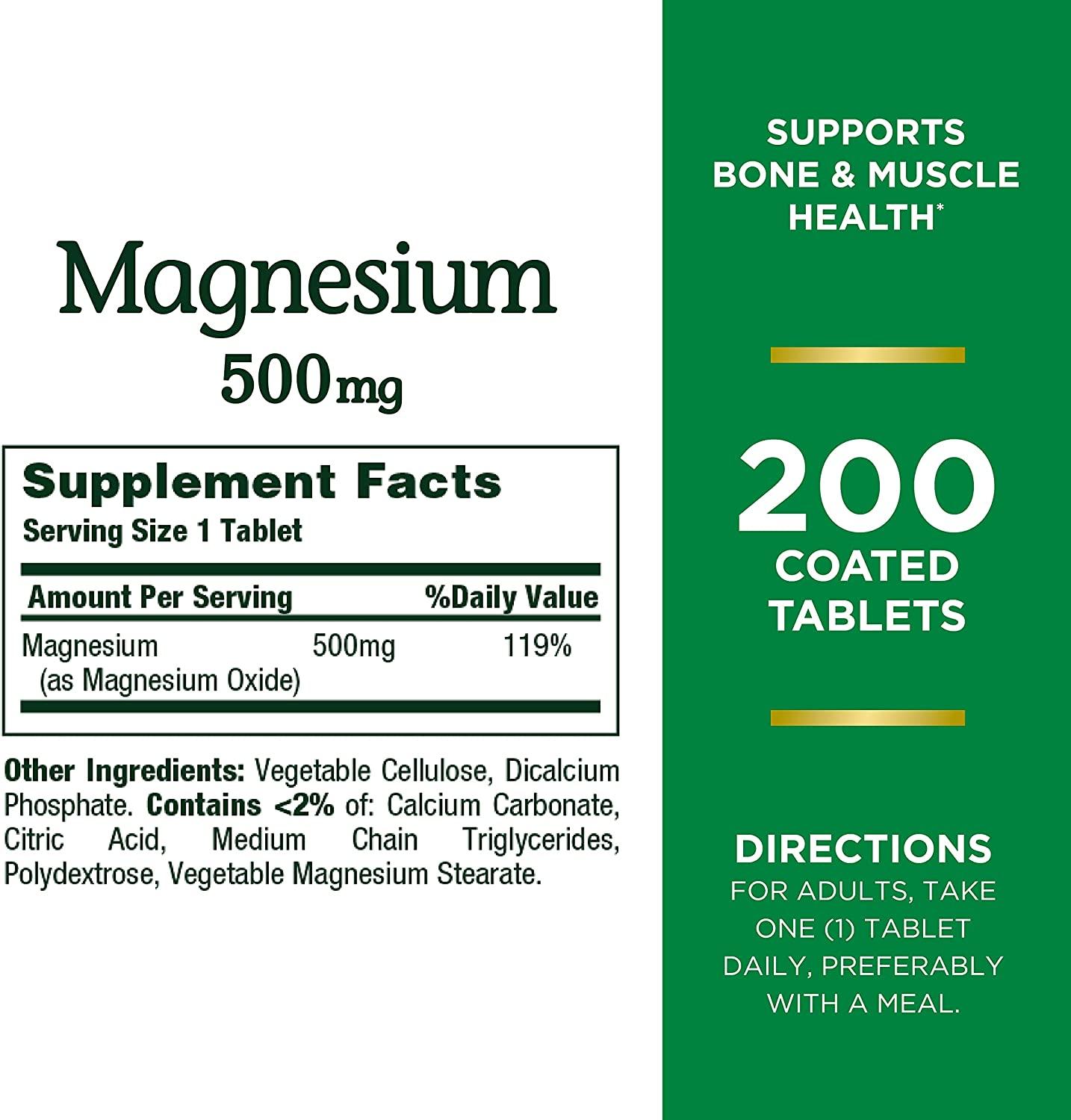 Nature's Bounty Magnesium 500 mg - 200 Coated Tablets for Relaxation ...