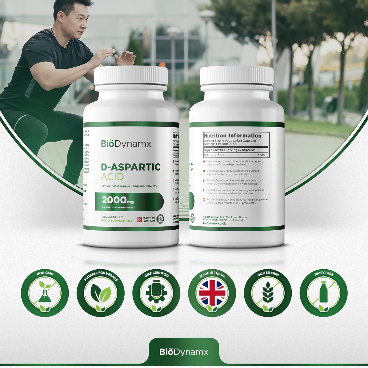 BioDynamx D Aspartic Acid | 180 Capsules | 500mg D-Aspartic Acid Supplement | Non-GMO & Allergen ...