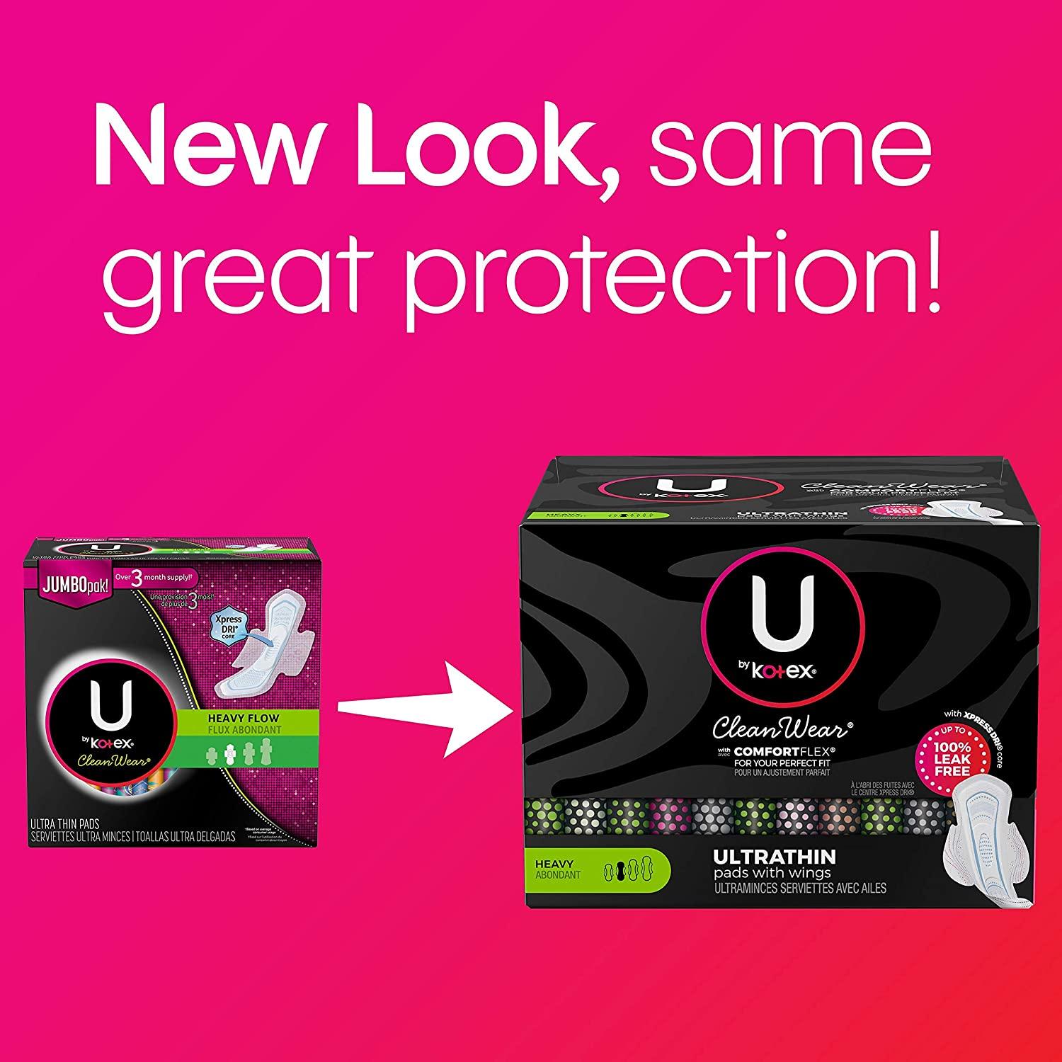 U by Kotex CleanWear Ultra Thin Feminine Pads with Wings - Heavy ...