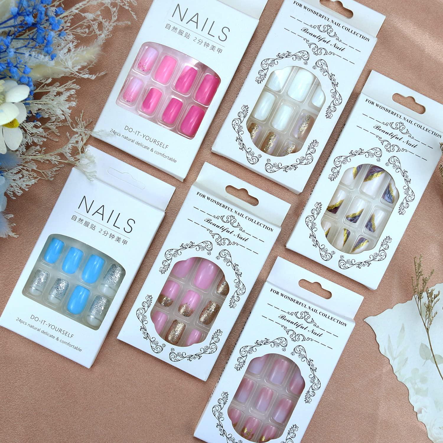 6 Packs (144Pcs) Medium Length French Design Press on Nails Set with 5D ...