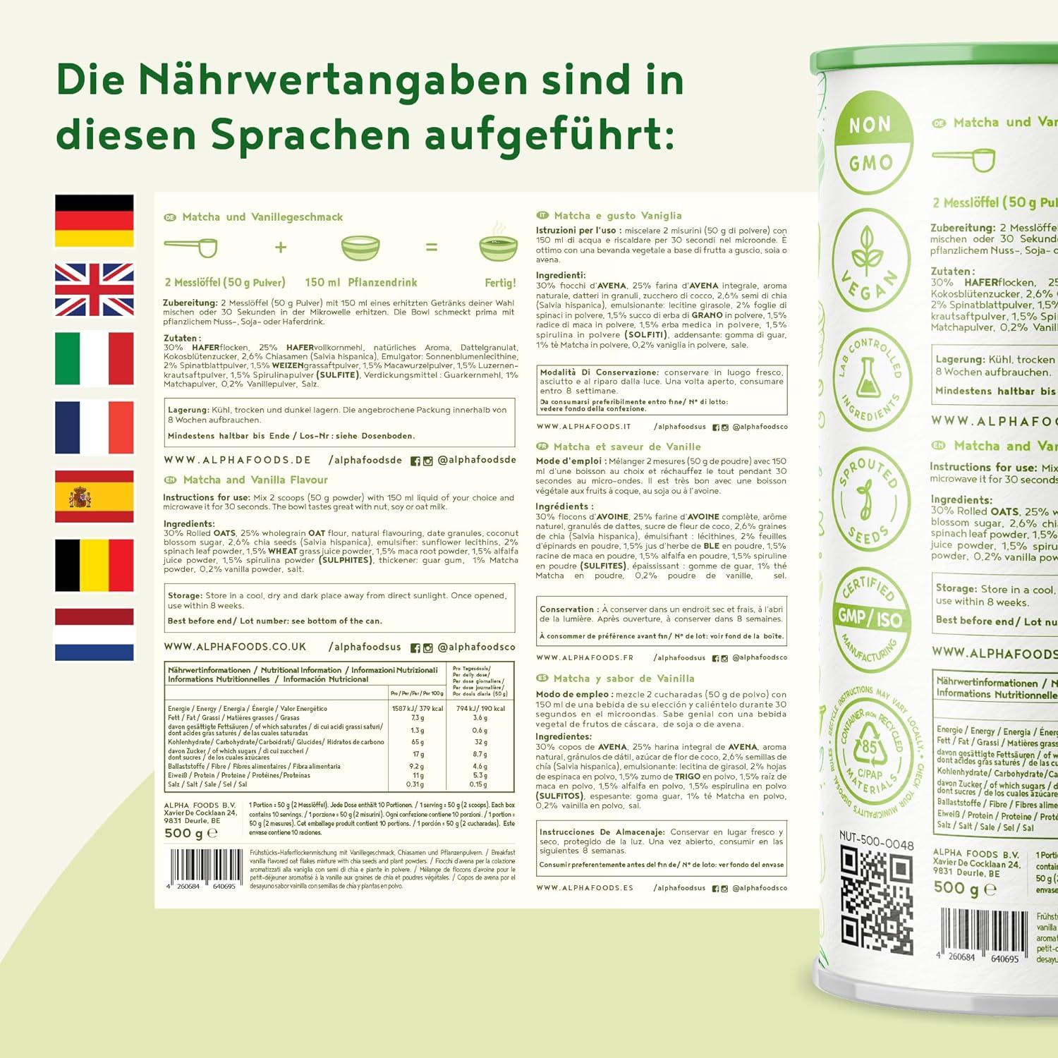 Alpha Foods Morning Fuel Oatmeal Porridge - Vanilla & Matcha - Vegan ...